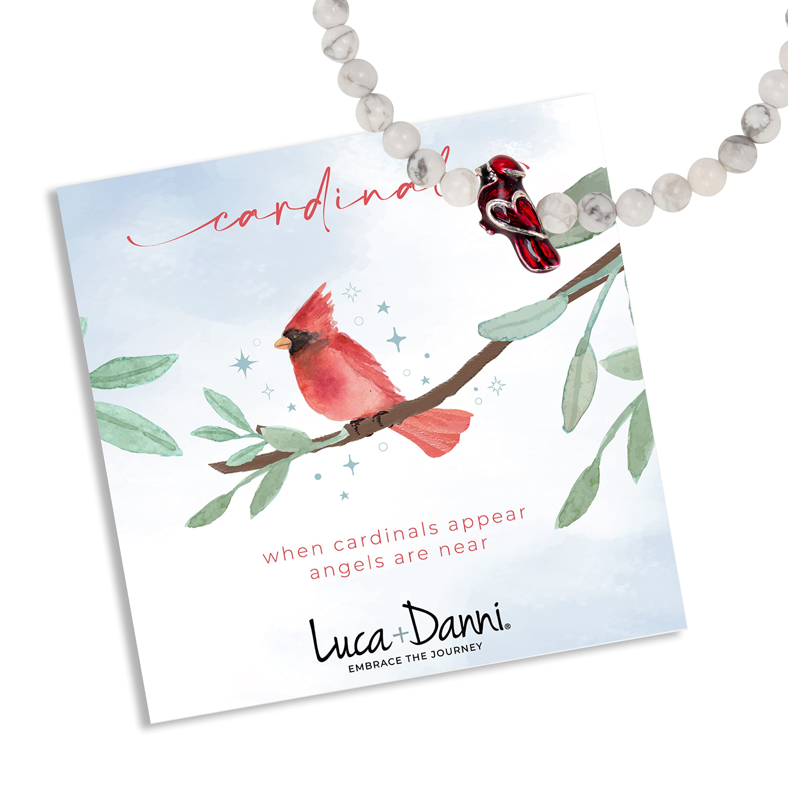Luca + Danni Red Cardinal Stretch Bracelet with White Howlite Beads For Women - Silver Tone Regular Size Made in USA