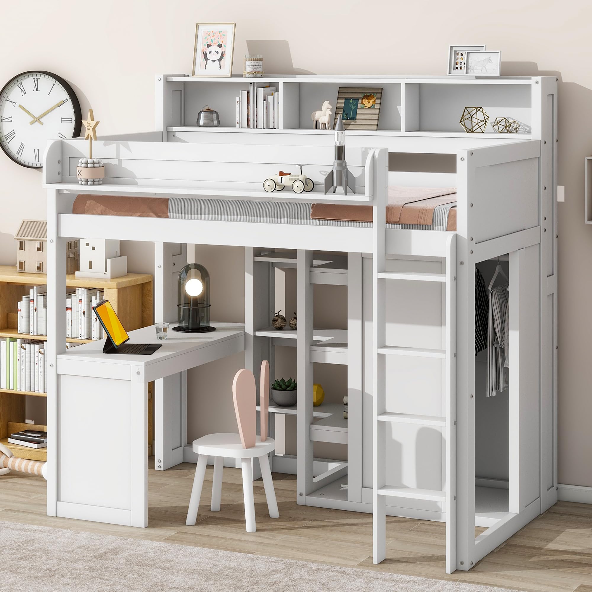 LostCat Twin Size Loft Bed with Wardrobe, Desk and Storage, Solid Wood Loft Bed Frame with Bookshelf, for Kids, Teens and Adults, No Box Spring Needed, White