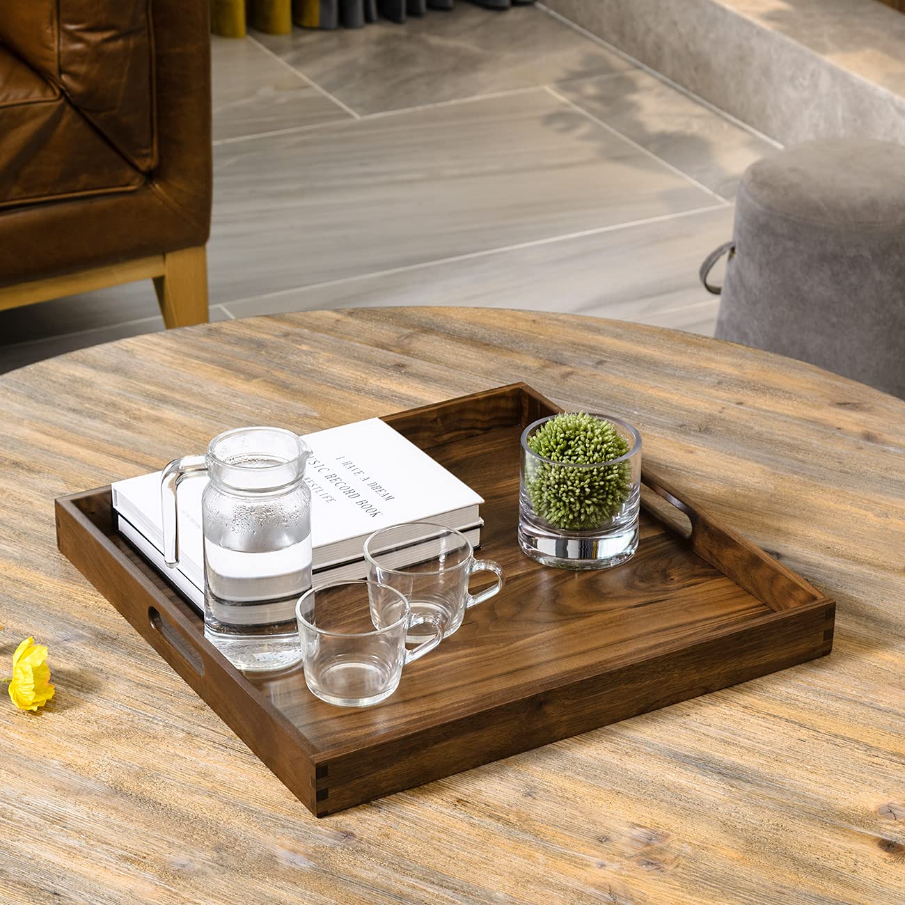 KINGCRAFT 19 x 19 Inches Black Walnut Large Ottoman Tray Wooden Table Tray Square Solid Serving Tray with Handles Platter Decorative Tray for Oversized Ottoman Home Breakfast in Bed Tea Coffee