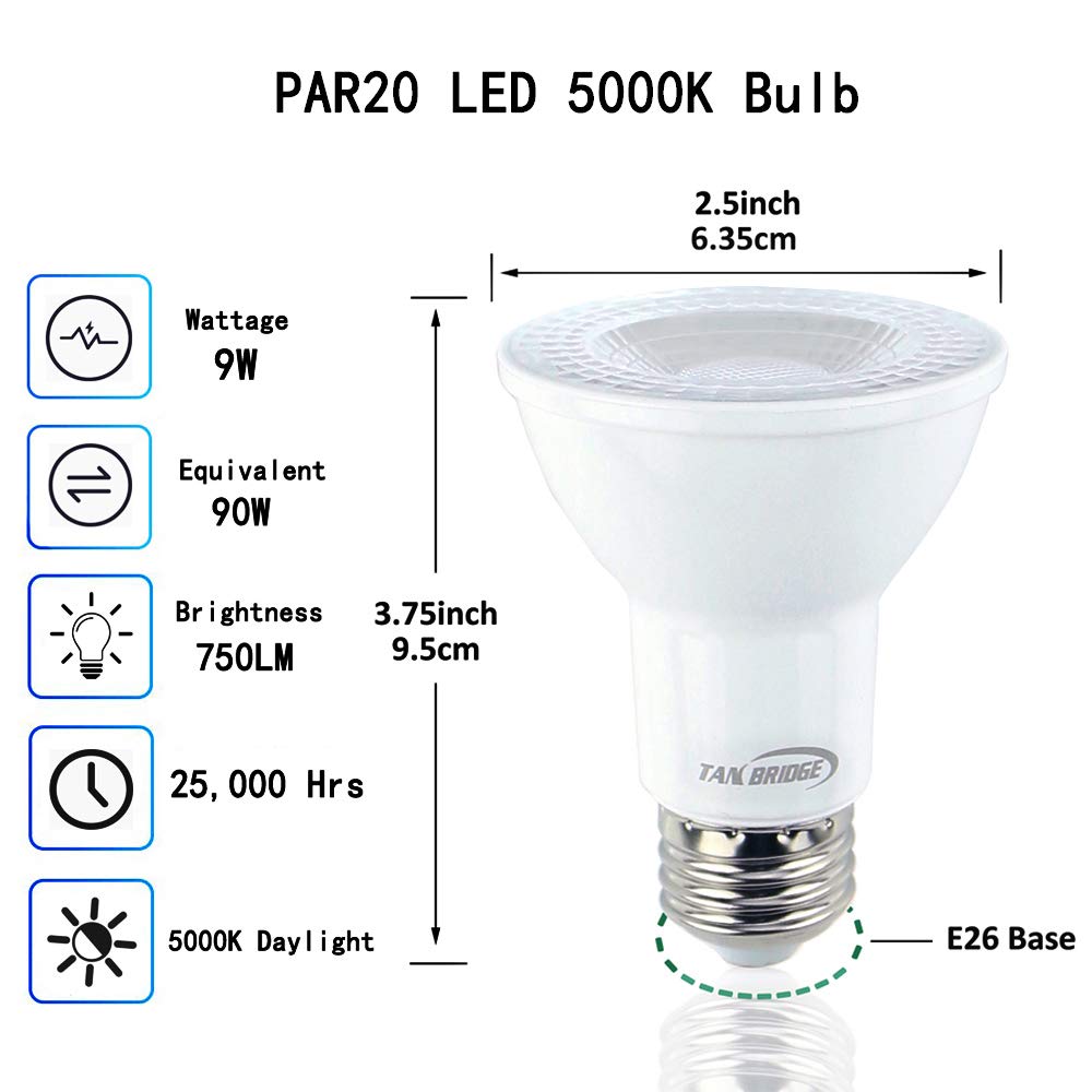 Hanway Recessed Daylight LED Light Bulbs Dimmable Energy Efficient 5000K Par Lamps with 9W(90Watts) E26 Base Indoor Outdoor Par20 Flood Lights Bulbs White Light 6 Pack