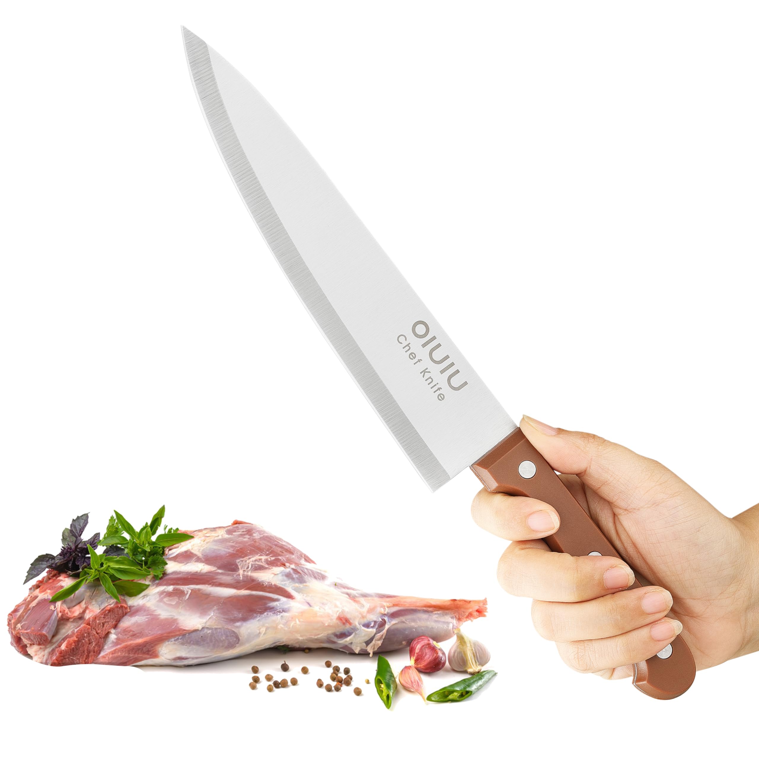 OLULU 8 inch Chef Knife, Razor Sharp Kitchen Knife with Protective Knife Sheath, Razor Sharp Slicing Knife with Ergonomic Handle, German Stainless Steel, Dishwasher Safe (Brown Color)