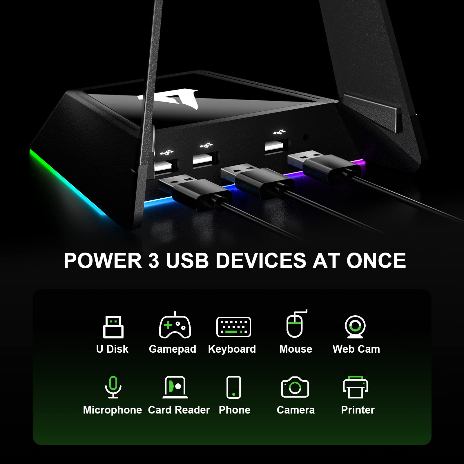 GTRACING Gaming Headphone Stand, Gaming Headset RGB Holder with Wireless Charger, 3 USB Hub, 3 in 1 Multi-Functional Base Station, Gifts for Gamers, PC Game Earphone Accessories
