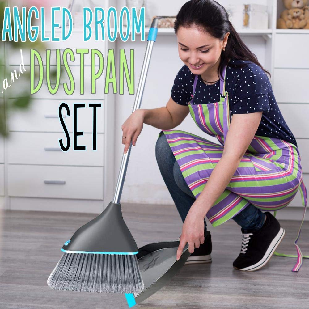 Guay Clean Angled Broom and Dustpan Set with Adjustable Handle - Easy Sweeping for Home Kitchen Office Floor - Collects Dust Dirt Debris - Built-in Broom Comb - Green