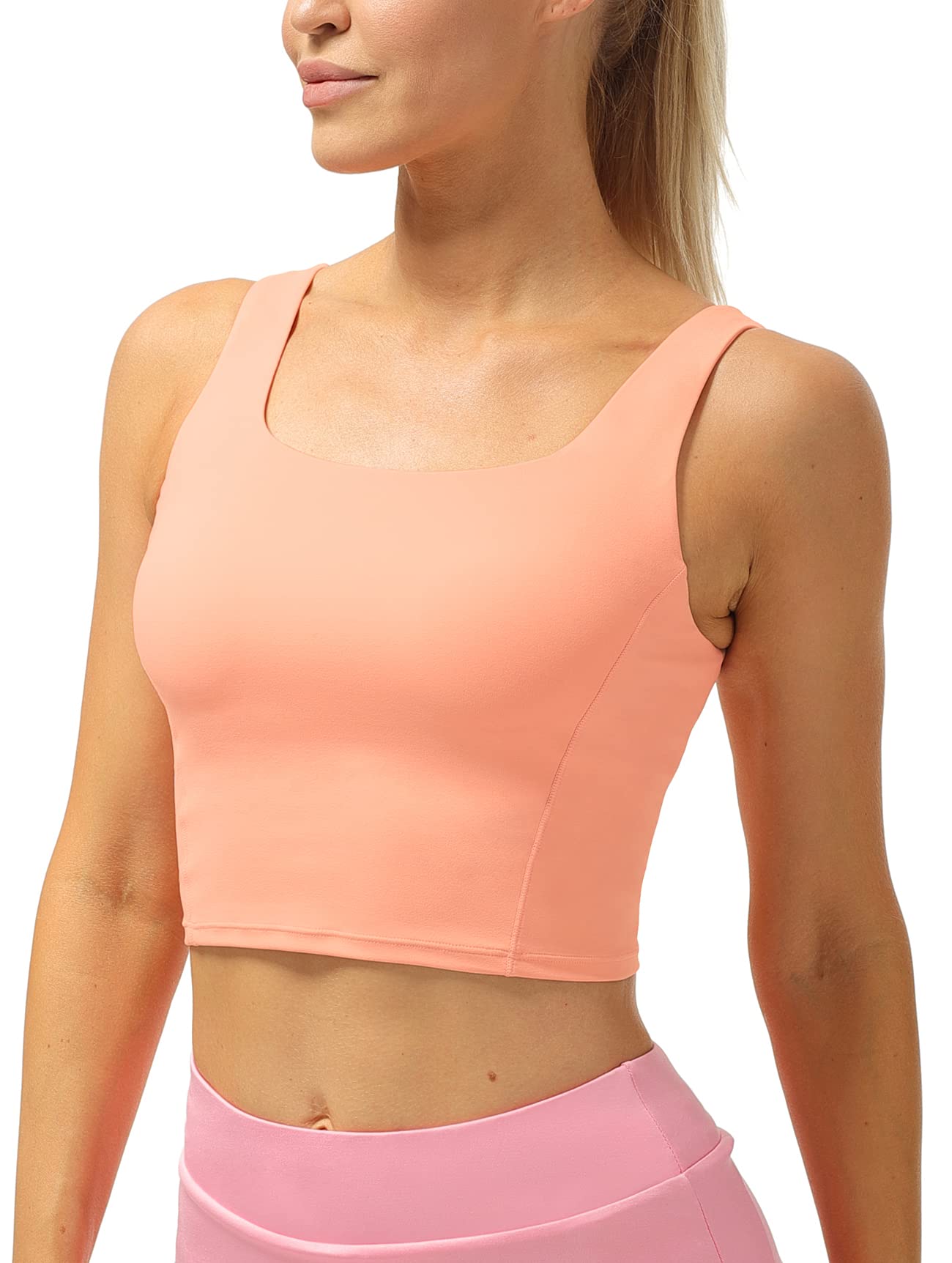 icyzone Women's Cropped Workout Tank Tops with Built in Molded Cup Bra, Square Neck Athletic Yoga Running Tops (Pink, S)