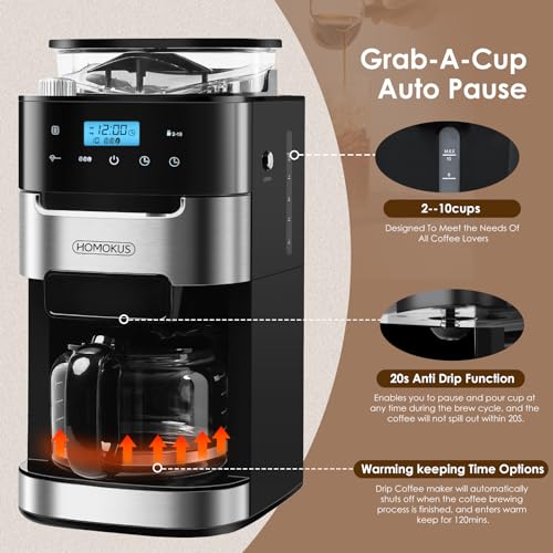 HOMOKUS 10-Cup Coffee Maker with Grinder, Touch Screen, Automatic Brew, Warming Plate, 1.5L Water Tank, Removable Filter - For Home and Office