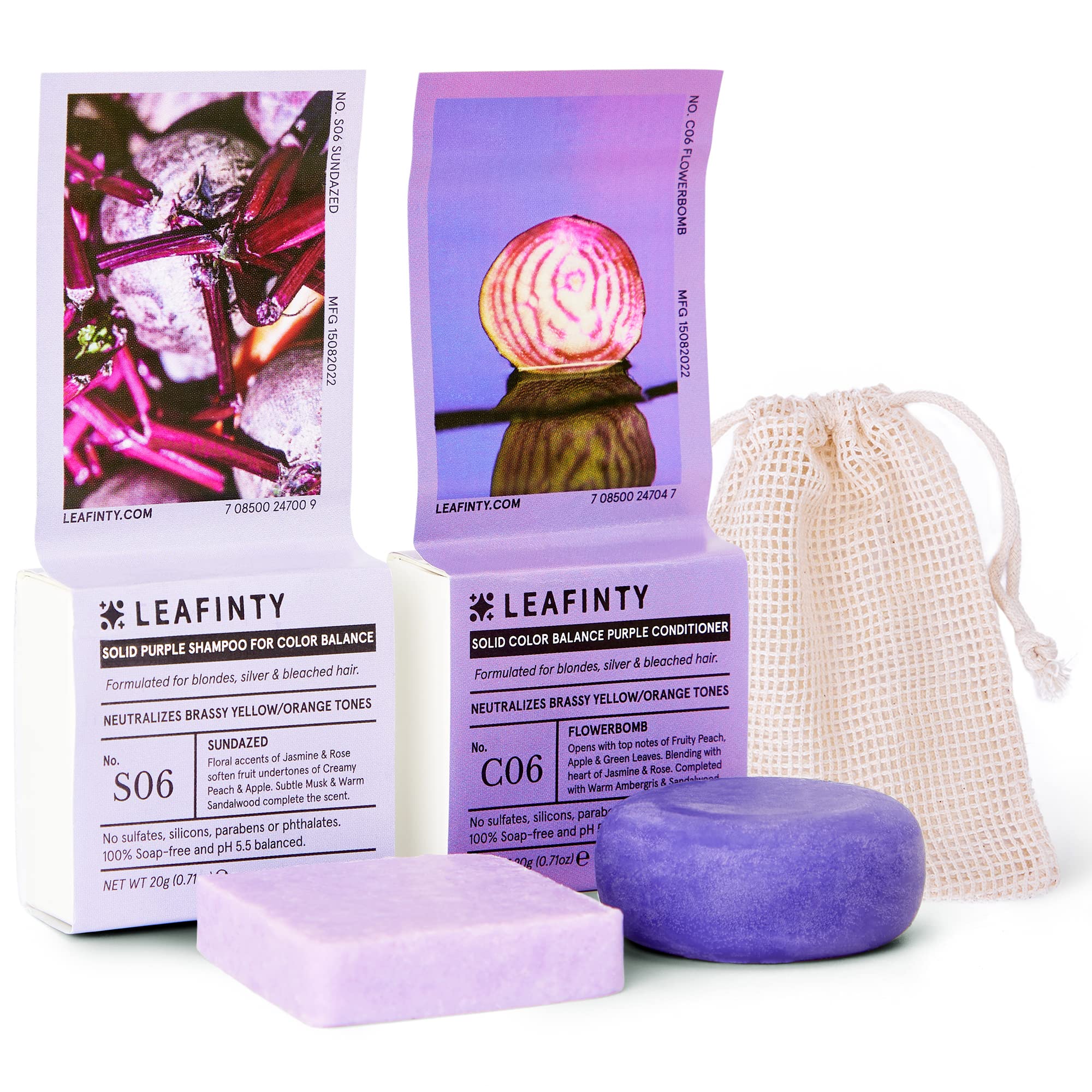 Leafinty S06+C06 Solid Shampoo & Conditioner Set for Blondes Silver and Bleached Hair, All Natural Zero Waste and Organic Shampoo Bars for Hair, 2 Mini Travel Size Bars