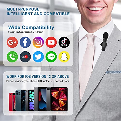GRTPRTS Wireless Microphone for iPhone iPad, Lavalier Microphone for Video Recording, TikTok Facebook Live Steam, Youtubers, Vloggers, Interview, Clip-on Plug & Play Lapel Mic Auto-sync