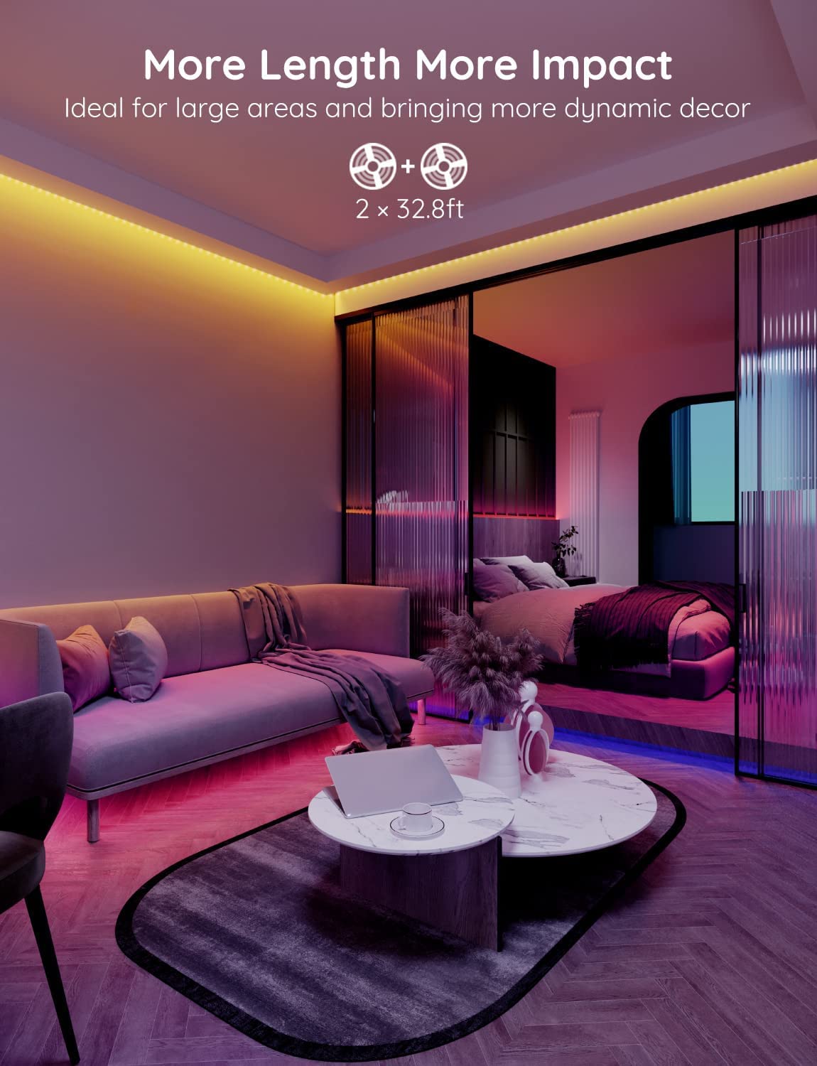 Govee Bluetooth LED Strip Lights, 65.6ft RGB LED Light Strip, App and Remote Control Color Changing Lights with 64 Scene Modes and Music Sync for Bedroom, Room, Kitchen, Party (2 Rolls of 32.8ft)
