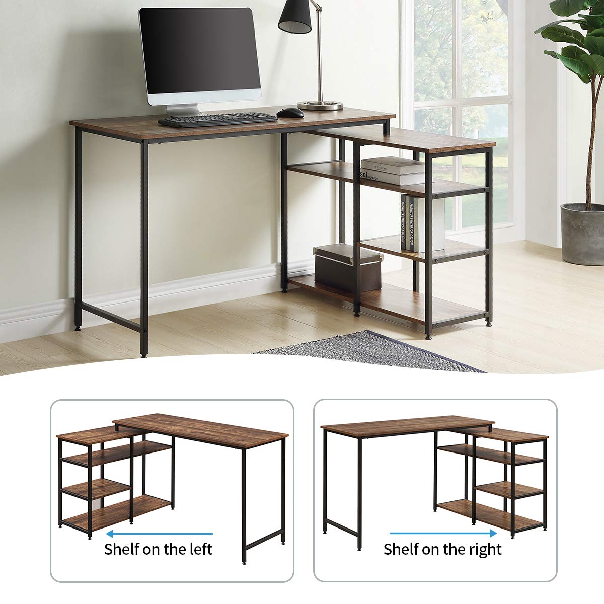 Henf L-Shaped Computer Desk, Industrial Rustic Wood and Metal Office Desk Writing Table with Storage Shelves, Left or Right Set Up Corner Desk Study Table for Home Office, Brown