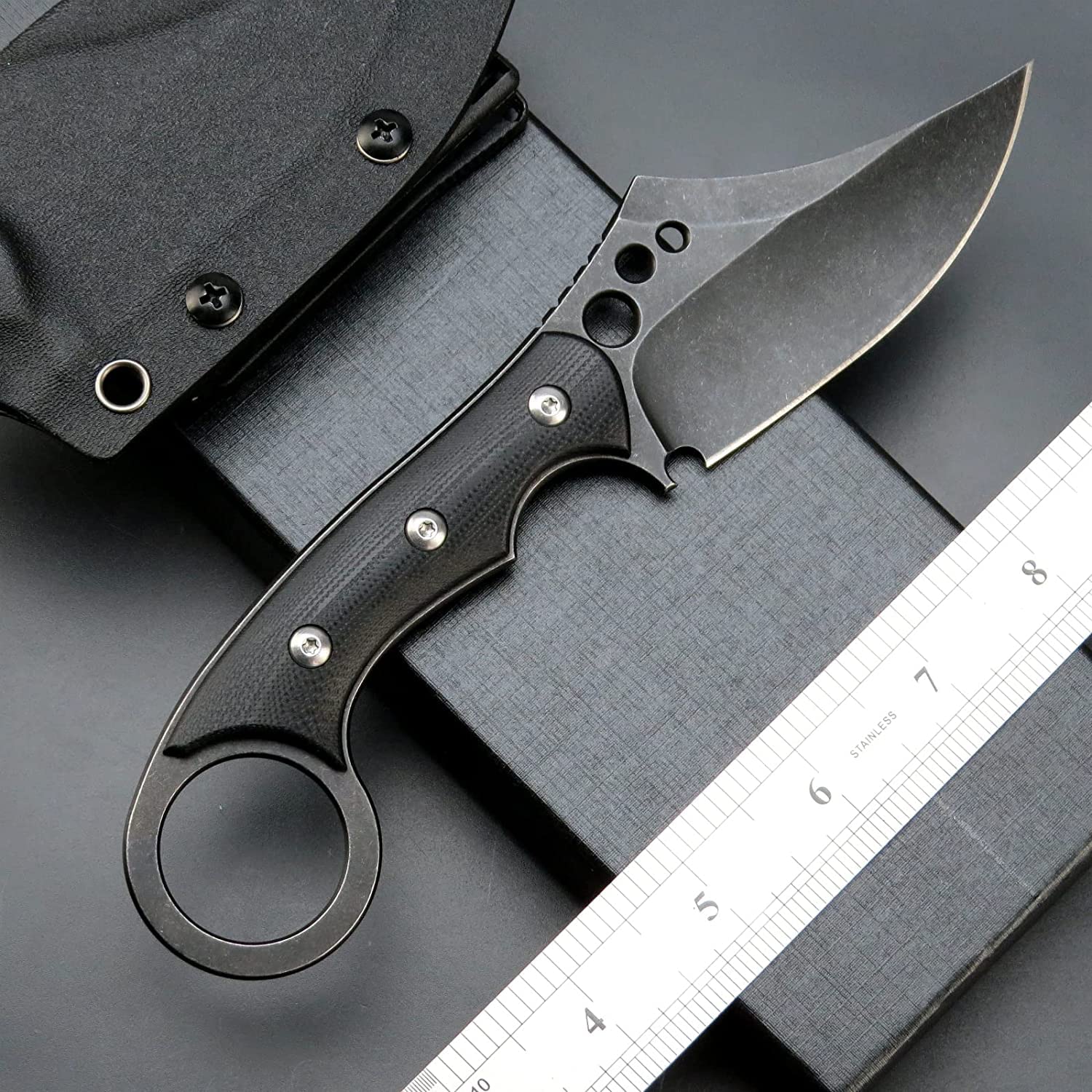 Gtkii GTK116 Fixed Blade Knife,D2 Steel Blade,Micarta Handle Scales Outdoor Survival Camping Fishing Claw Knife with Kydex Sheaths(black)