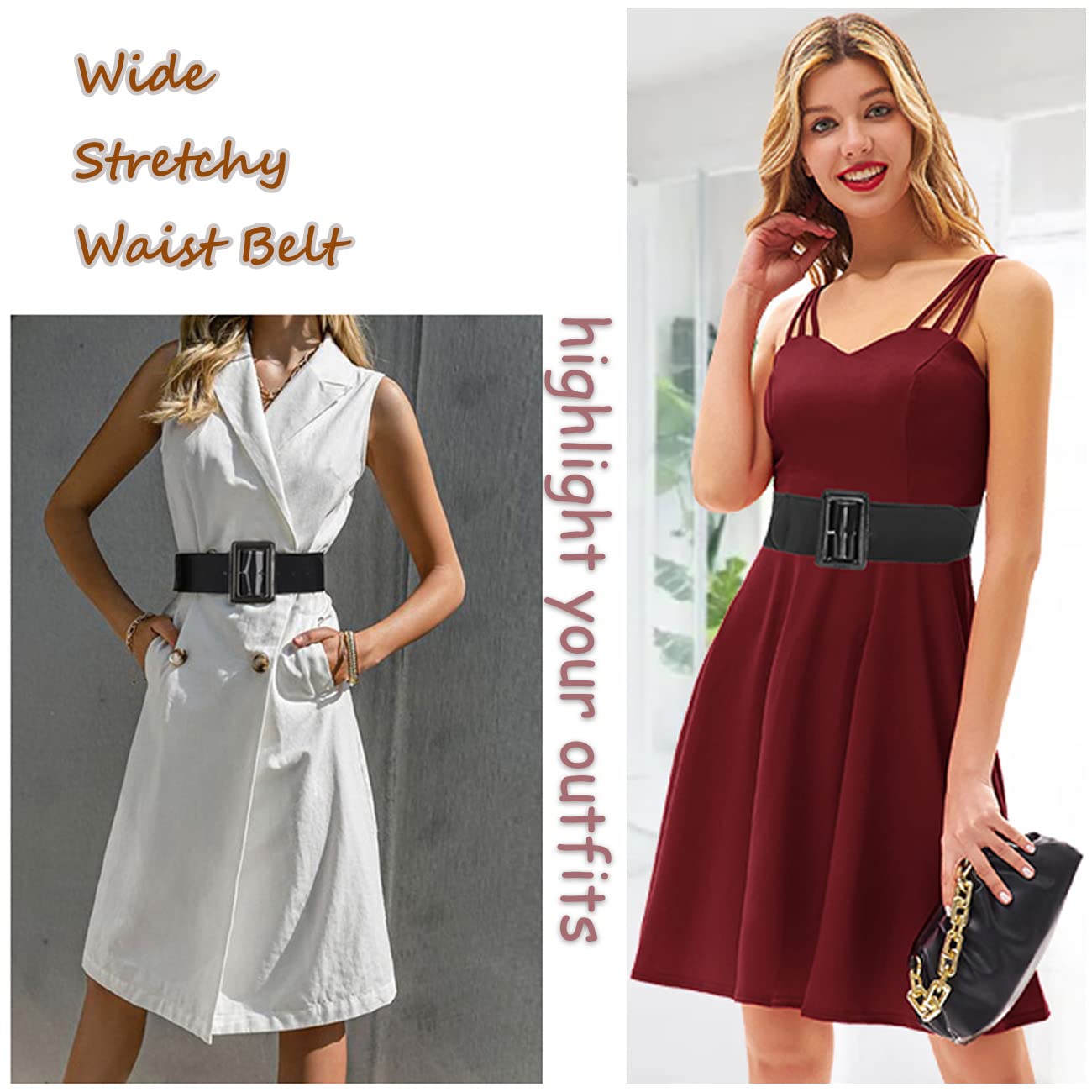 Hanna Nikole 2Pack Women Stretchy Vintage Belt for Dresses Elastic Wide Waist Belt S