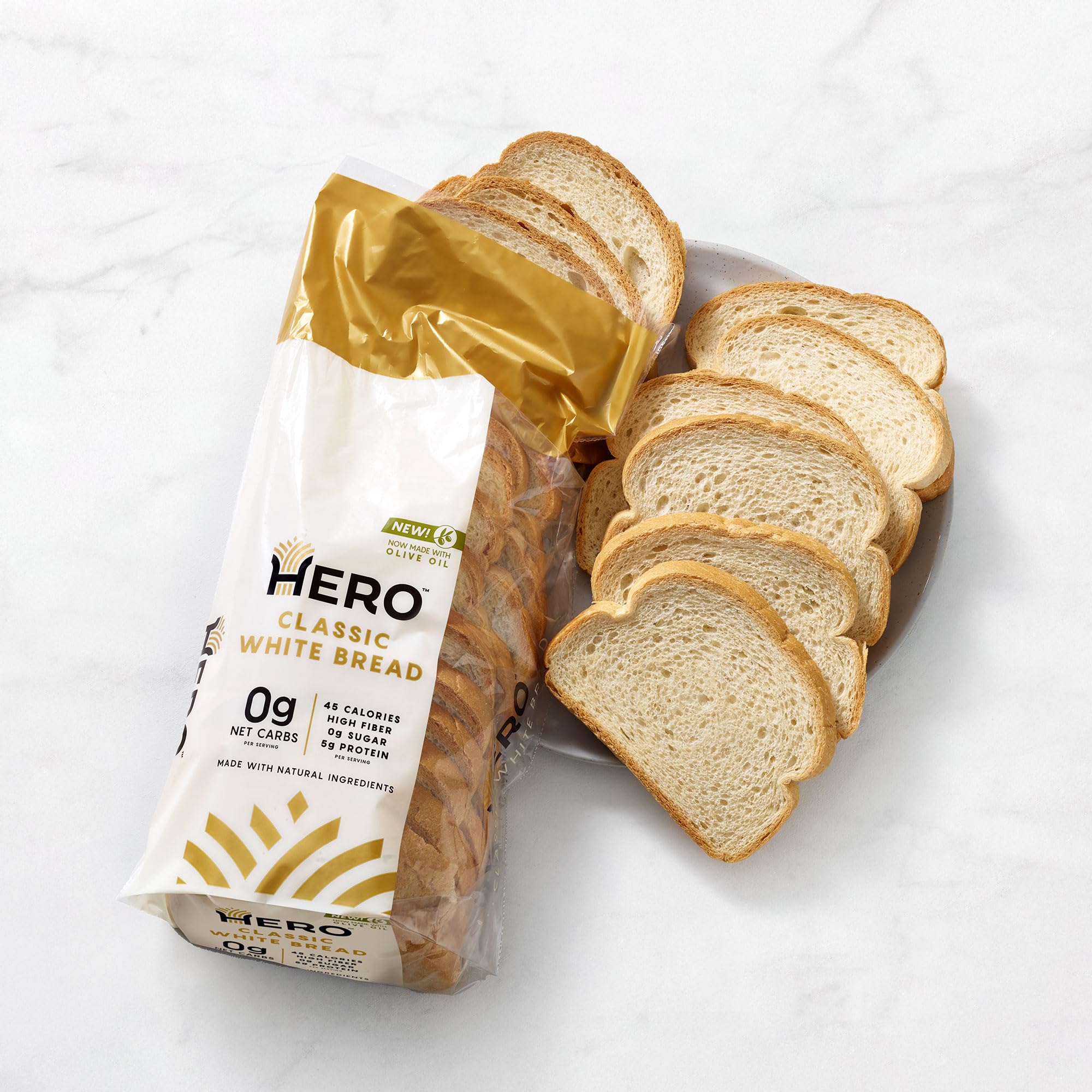 Hero Classic White Bread β Delicious Bread with 0g Net Carb, 0g Sugar, 45 Calories, 11g Fiber per Slice | Tastes Like Regular Bread | Low Carb & Keto Friendly Bread Loaf β15 Slices/Loaf, 2 Loaves