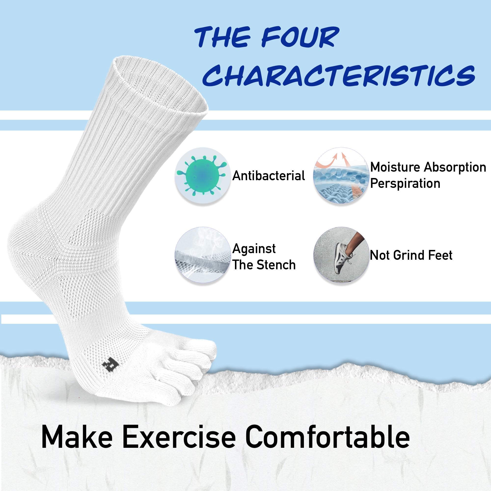 JDQ Toe Socks for Men Women, Running Five Finger Crew Socks, Yoga Socks, Athletic Low Cut Socks, No Show Soft Comfortable Breathable 2 Pairs(White)-L