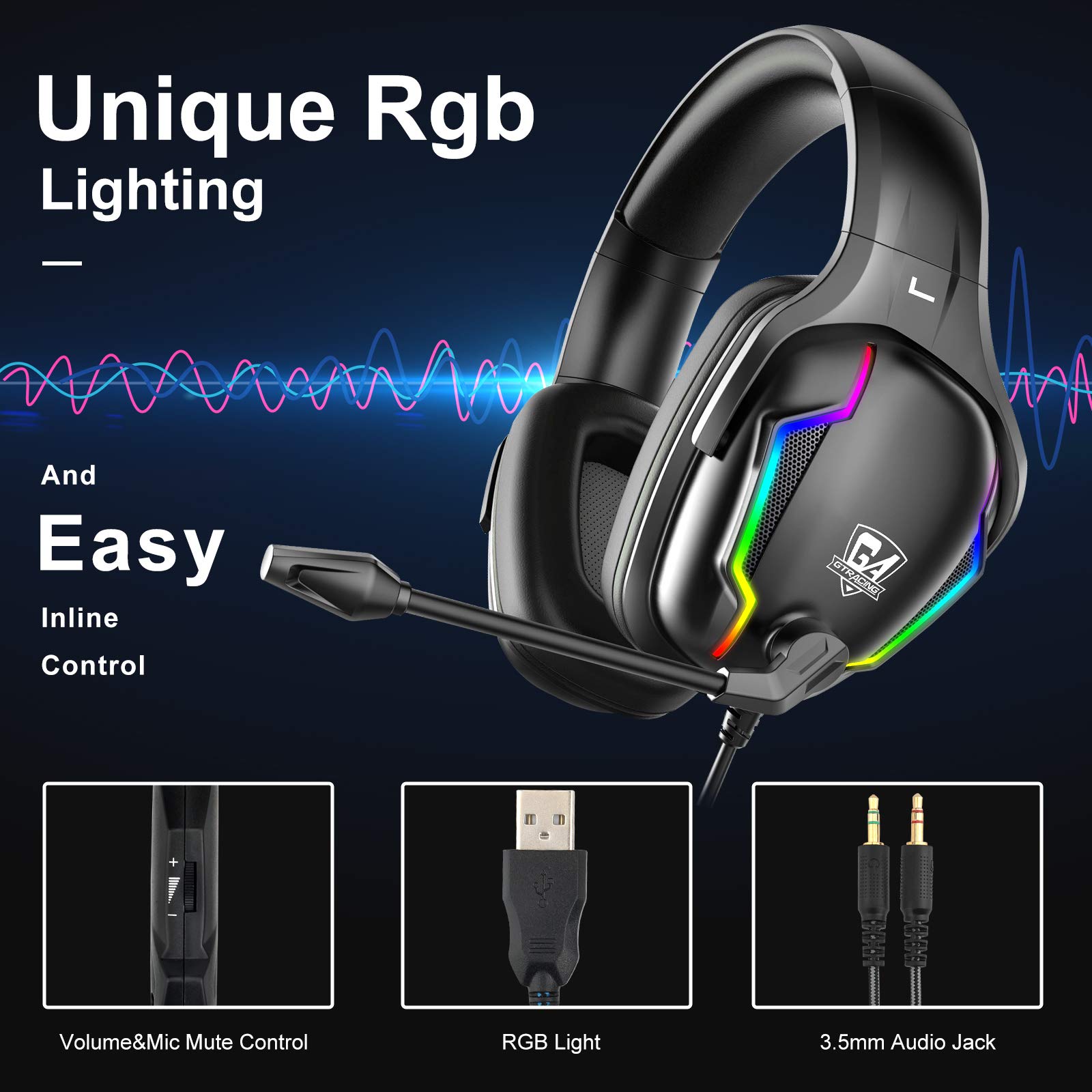 GTRACING Gaming Headset for PC - Computer Headphones with Surround Sound Stereo Noise Canceling Mic/Microphone RGB Light - Gaming Headphones for Nintendo Switch, PS4, Console Laptop,Black