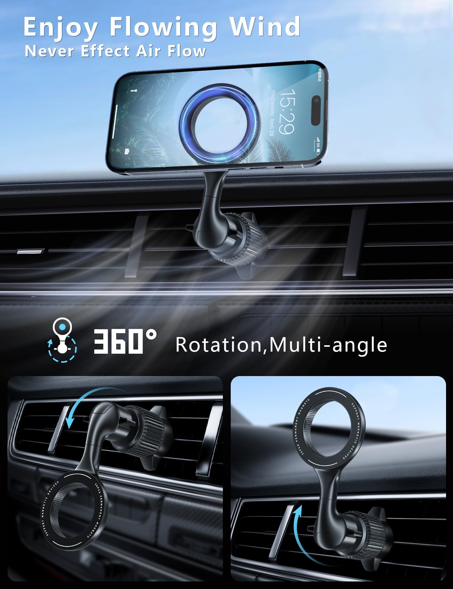 Holdersafe Fits Magsafe Car Mount for iPhone: [20 Powerful Magnets] Magnetic Air Vent Phone Holder [1080° Adjustable] Compatible iPhone 15 14 13 12 Pro Plus Max Mini & MagSafe Case & All Cell Phones