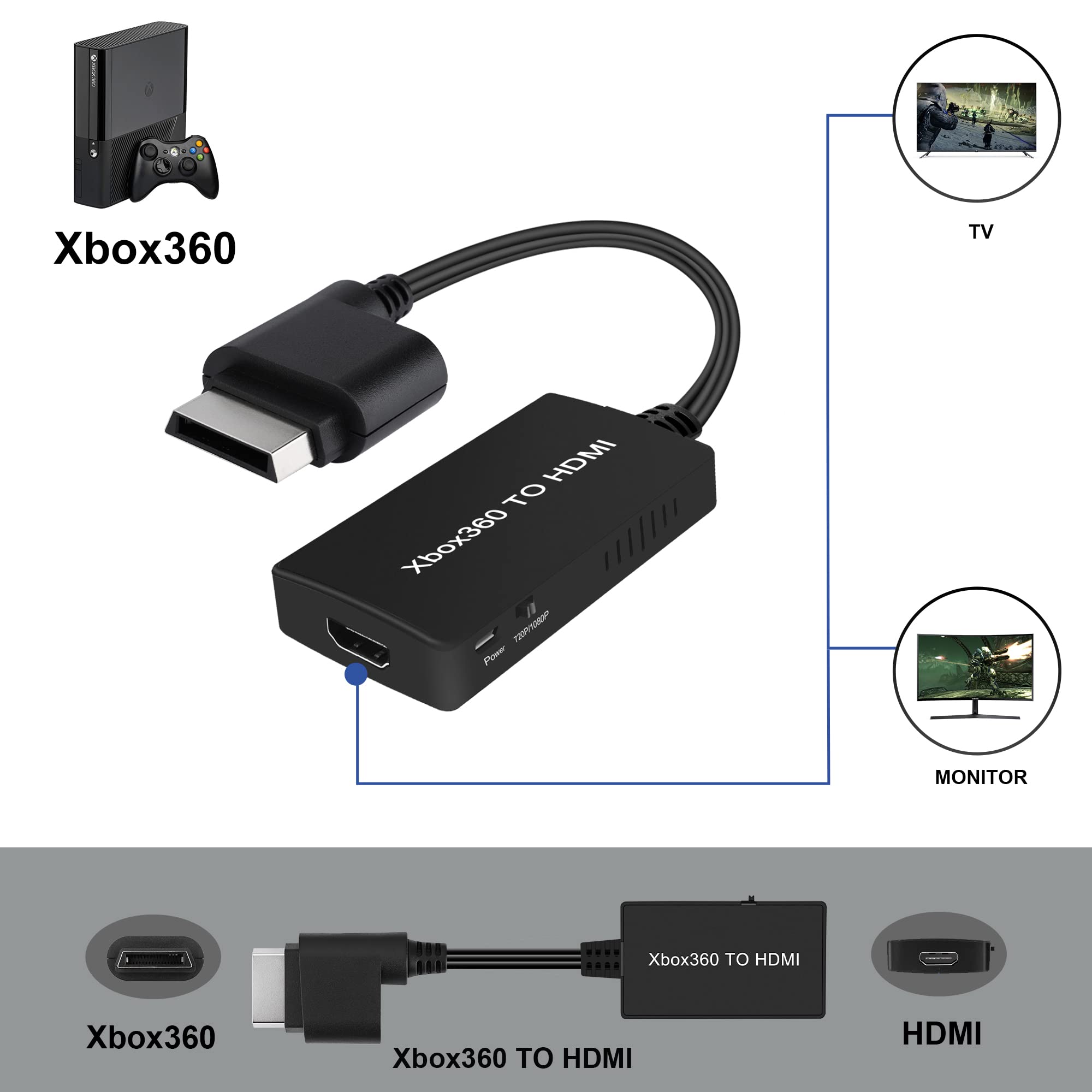 HDMI Cable for Xbox 360 Console, Xbox 360 to HDMI Converter Adapter Compatible Xbox 360 and Xbox 360 Slim - Black