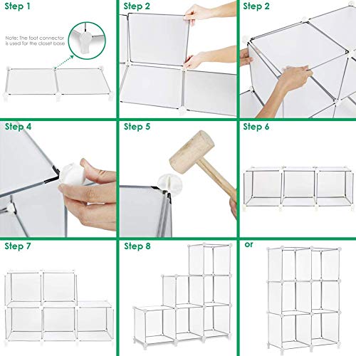 GuanJun Storage Organizer 6 Cubes,Modular Shelves, DIY Plastic Closet Cabinet,Storage Shelves for Bedroom, Living Room, Office, with Rubber Hammer (White)