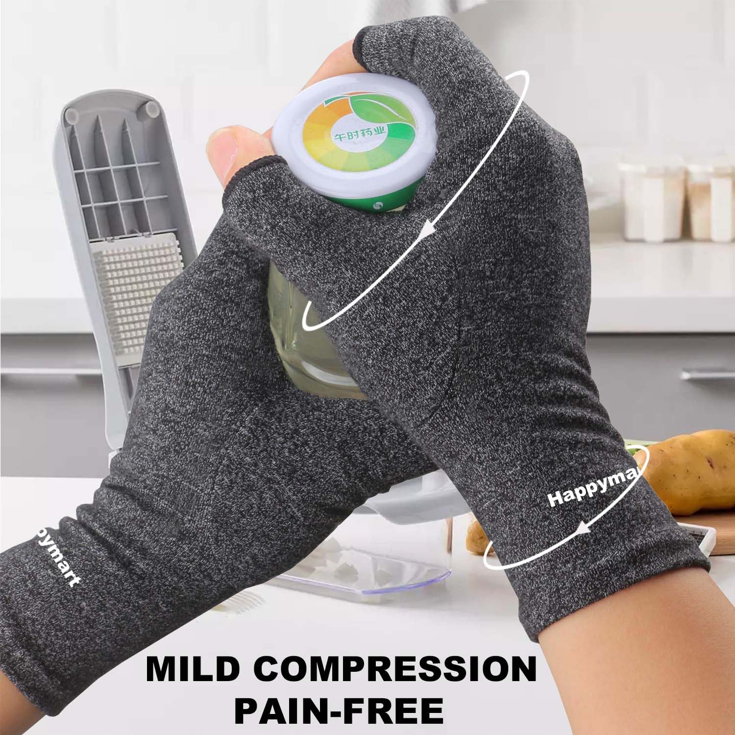 Happymart 2 Pairs Arthritis Gloves, Hand Compression Gloves for Rheumatoid, Pain Relief, Carpal Tunnel, Swelling, Joint Support, Driving Fingerless Gloves for Women Men (Black, Medium)