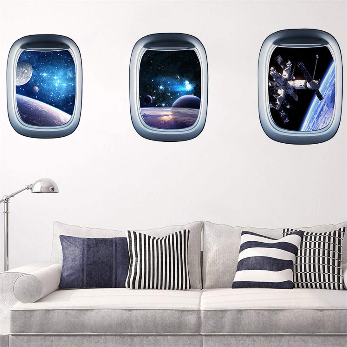 HERRA 3D Planet Universe Galaxy Outer Space Wall Decal Spacecraft Astronaut Wall Stickers, Peel and Stick Removable Space Capsule Window Wall Stickers Wall Mural for Bedroom Living Room Kids Room