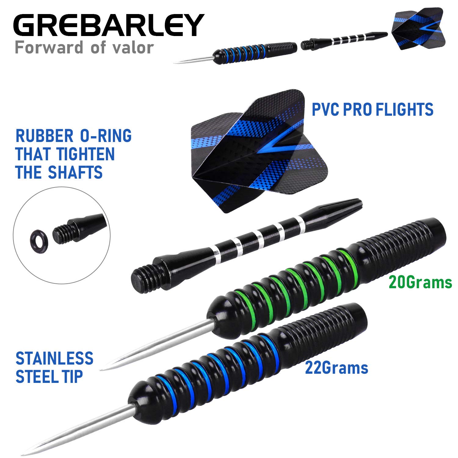 Grebarley Darts Steel Tip Set Professional for Dartboard 4 Sets 54 Pcs 20 22 Grams with 9 Extra Flights Tool Kit O Rings Ebook