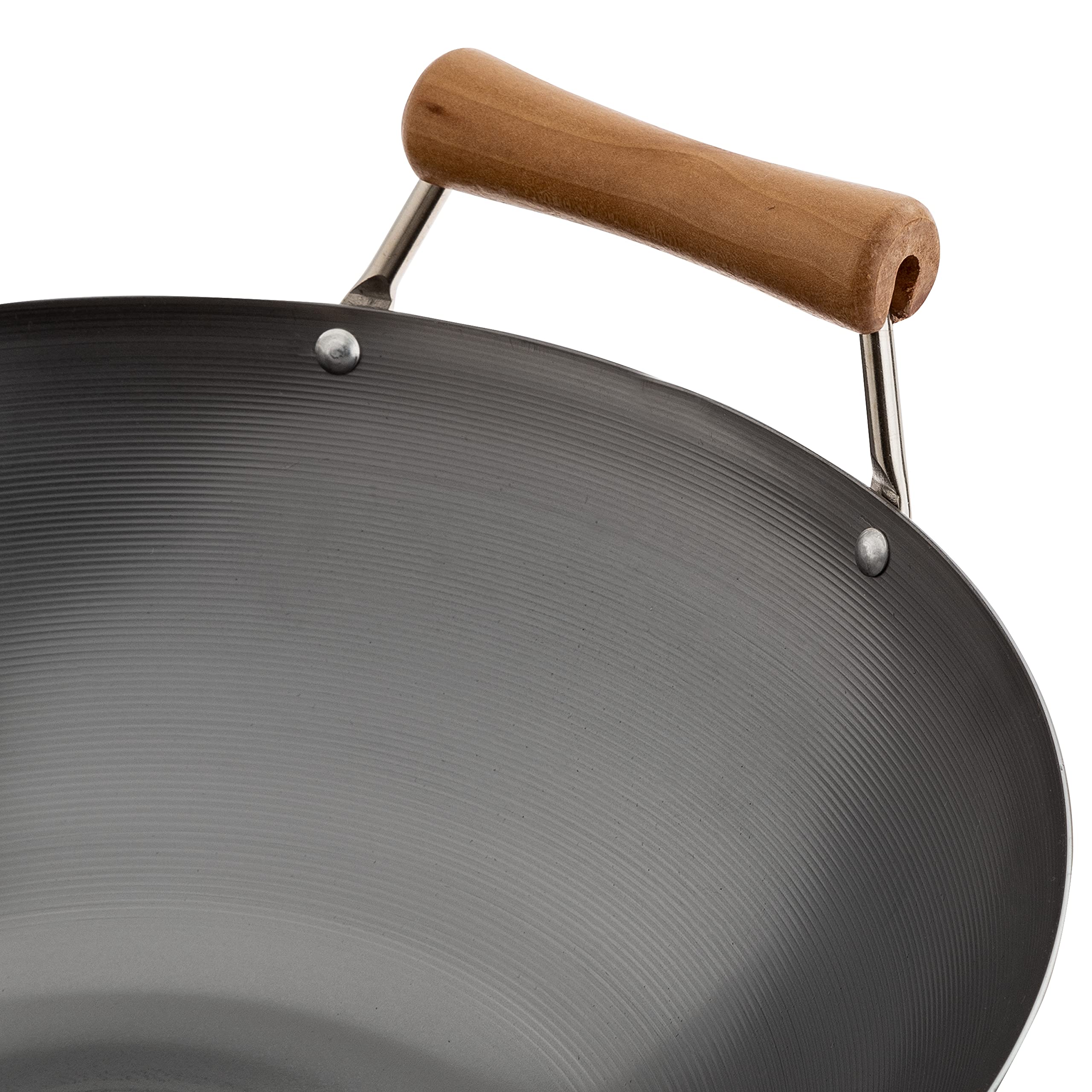 JOYCE CHEN Classic Series 14-Inch Uncoated Carbon Steel Wok Set with Lid and Birch Handles, 4 Pieces