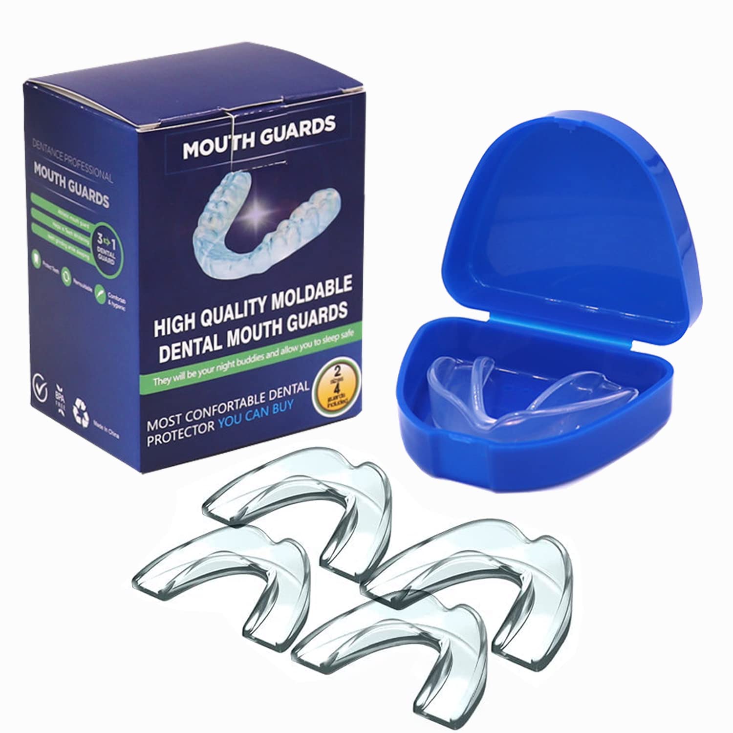 Mouth Guard for Teeth Grinding, Upgraded Moldable Dental Guard for Teeth Grinding at Night, Sleep Guards, Stops Bruxism & Clenching Teeth, Sport Athletic - Pack of 4