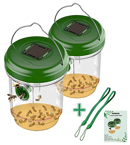 KENW Wasp Trap, 2 Pack Wasp Traps Outdoor Hanging, Solar-Powered Yellow Jacket Trap, Bee Traps for Outside, Hornet Trap, Wasp Killer, Effective Hornet Traps Outdoor Hanging, Bee Catchers for Outside
