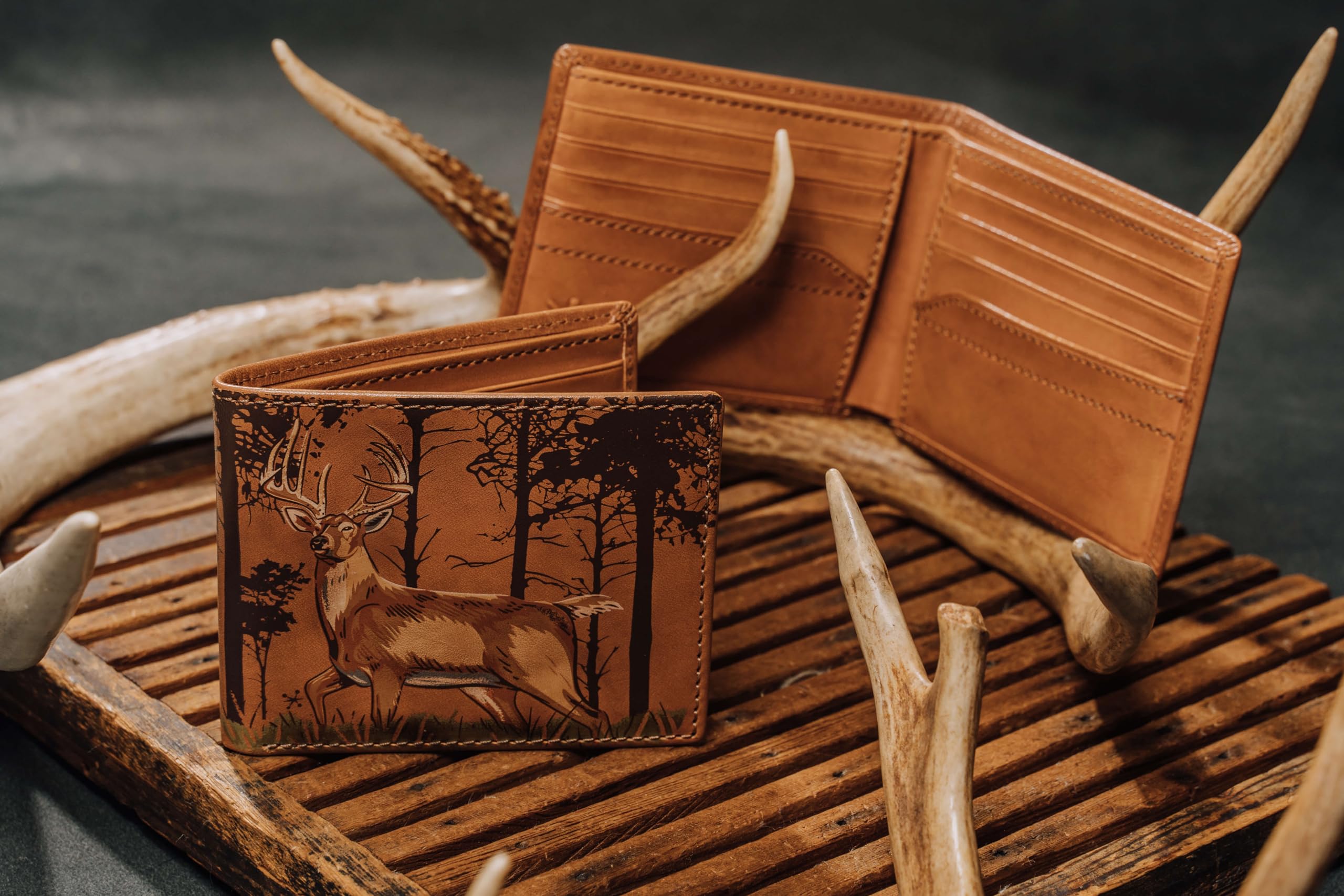 House of Jack Co. Deer In The Woods Bifold Wallet | Full Grain Italian Leather Mens Wallet | Classic Wallet For Men | Deer Hunter Mens Gift