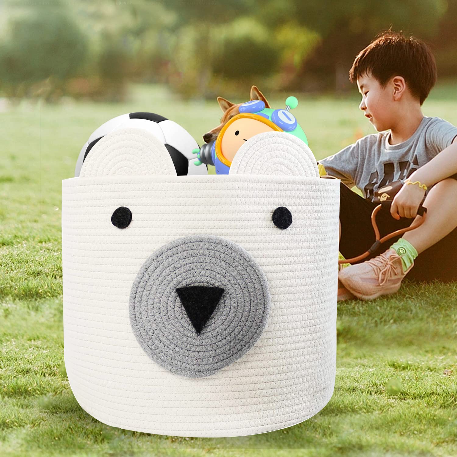 Homearda Cotton Rope Basket,Baby Hamper,Cute Bear Basket,Storage Basket ,Woven Laundry Hamper,Toy Storage Bin,Gifts β Pet or Baby Gift Baskets- White-12 x 10 - easy to reshape