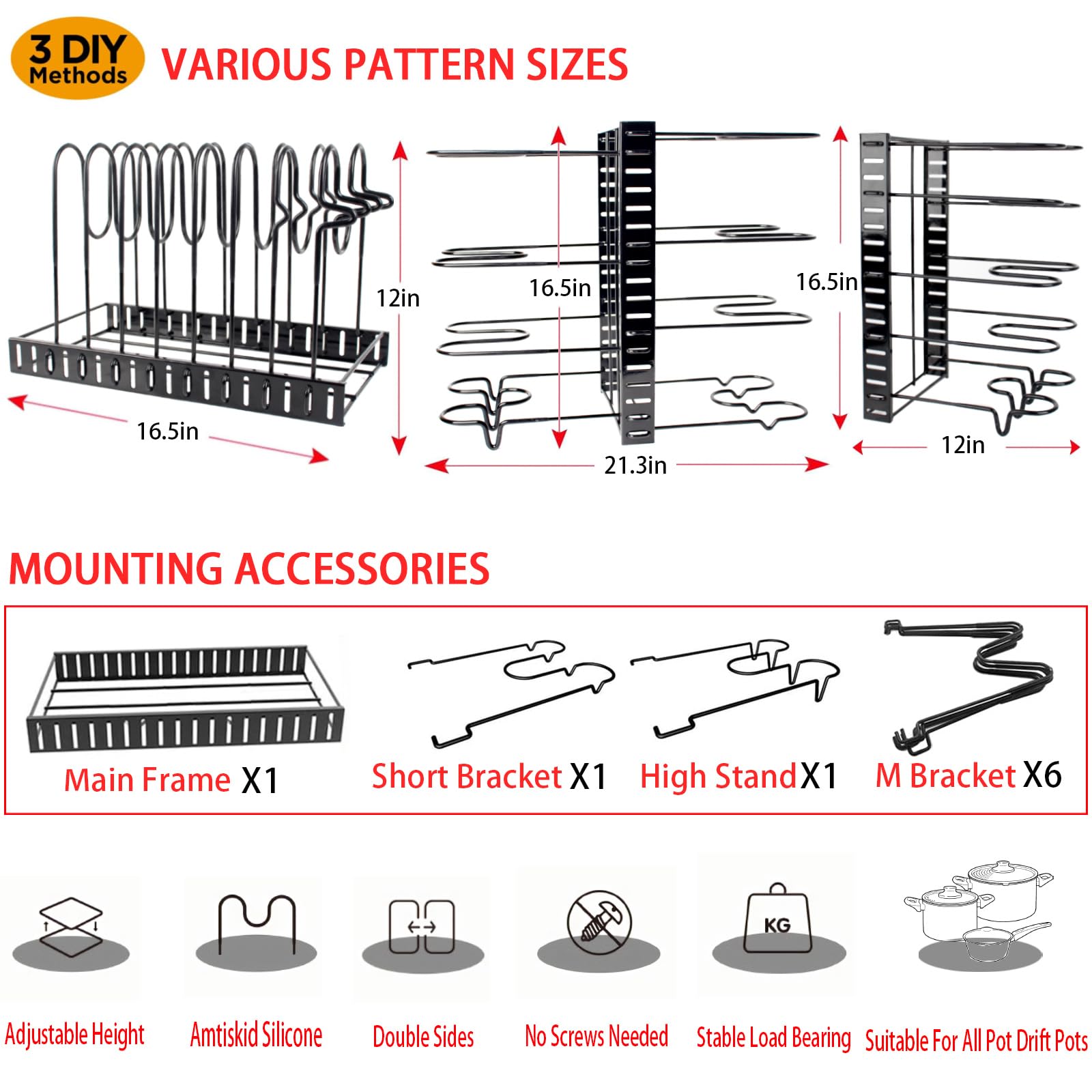 HAOWUJIN Pot And Pan Organizer For Cabinet, 3 Diy Methods Pot Organizer Rack for Under Cabinet, Kitchen 8 Tiers Adjustable Cookware Bakeware Cookie Sheet And Cutting Board Pot Lid Organizer