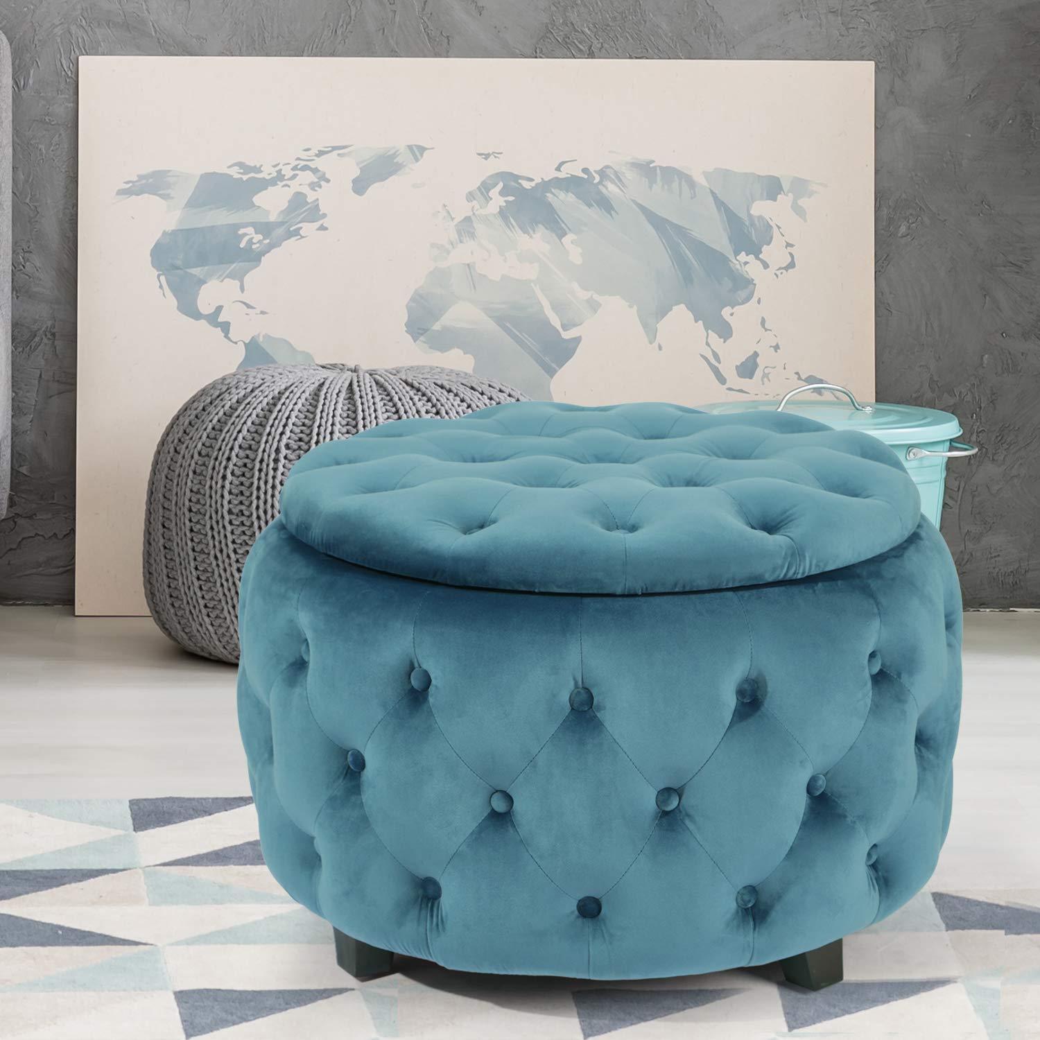 Homebeez Round Velvet Storage Ottoman, Button-Tufted Footrest Stool with Wood Legs (Teal) Medium