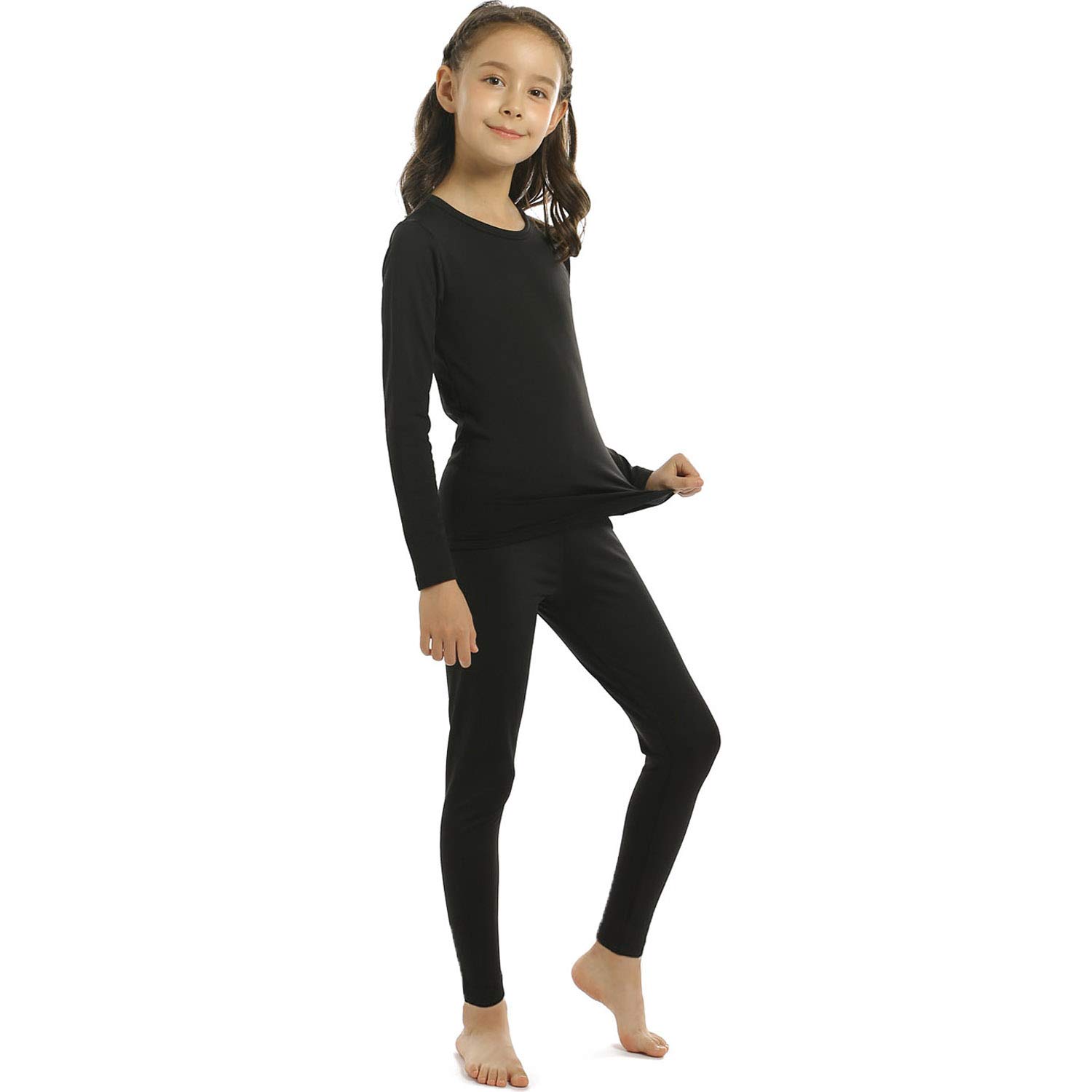 Girls Thermal Underwear Set Kid Long Johns Fleece Lined Base Layer Black X-Large