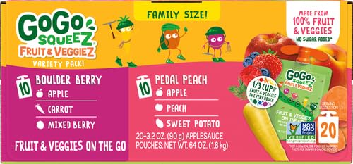 GoGo SqueeZ Fruit & VeggieZ Variety Pack, Pedal Peach and Boulder Berry, 3.2 oz (Pack of 20), Unsweetened Snacks for Kids, Gluten Free, Nut Free, Dairy Free, Recloseable Cap, BPA Free Pouches