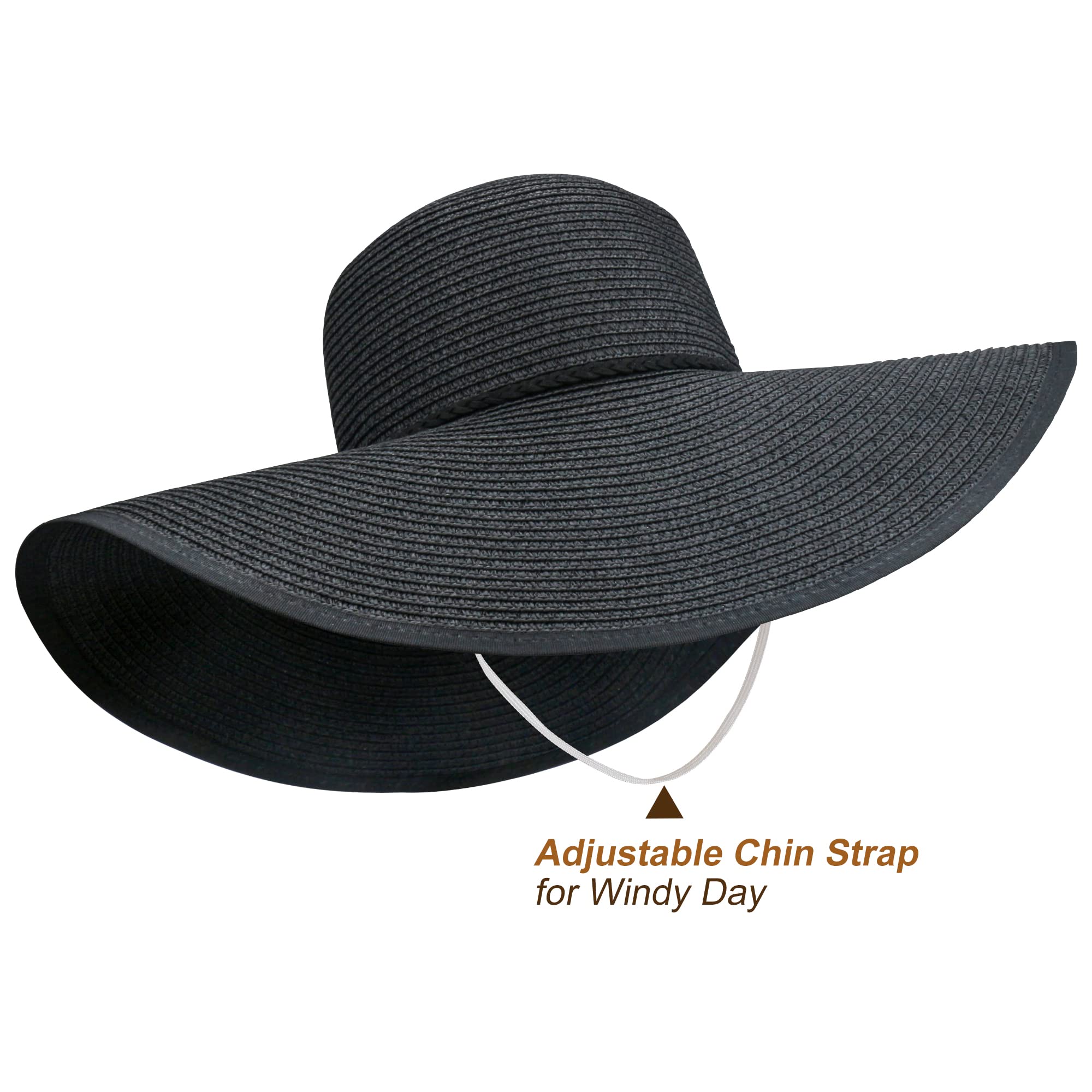 IRIS CRAFT Wide Brim Beach Sun Straw Hat Women UV UPF50 Travel Floppy Summer UV Hat, Black & Braids