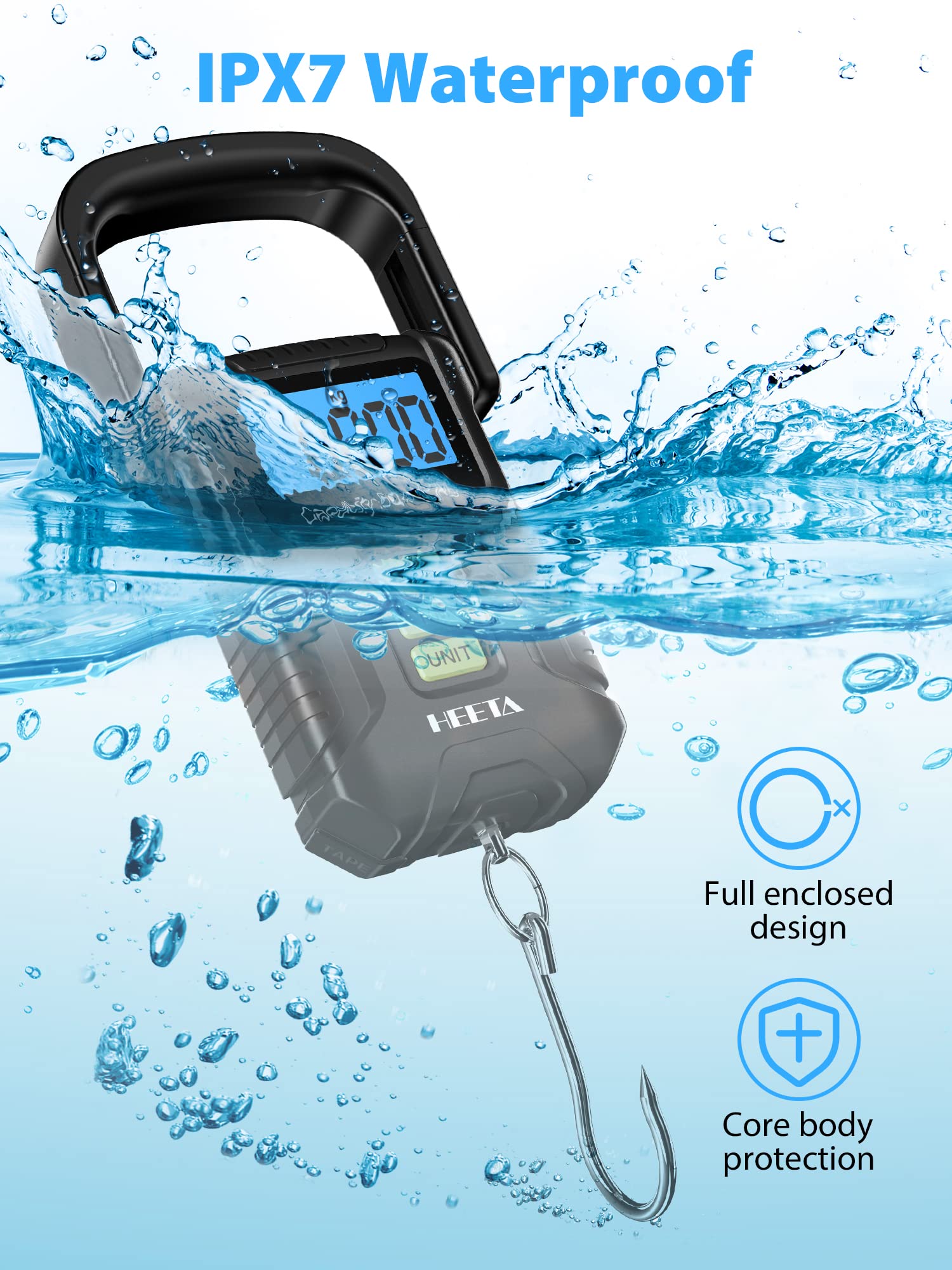 HEETA Waterproof Fishing Scale, Digital Fish Scale 110lb/50kg with Memory Function, Portable Hanging Luggage Scale with Fluorescent Button, 40β Ruler, Backlit LCD Display- Weight Scale, Black