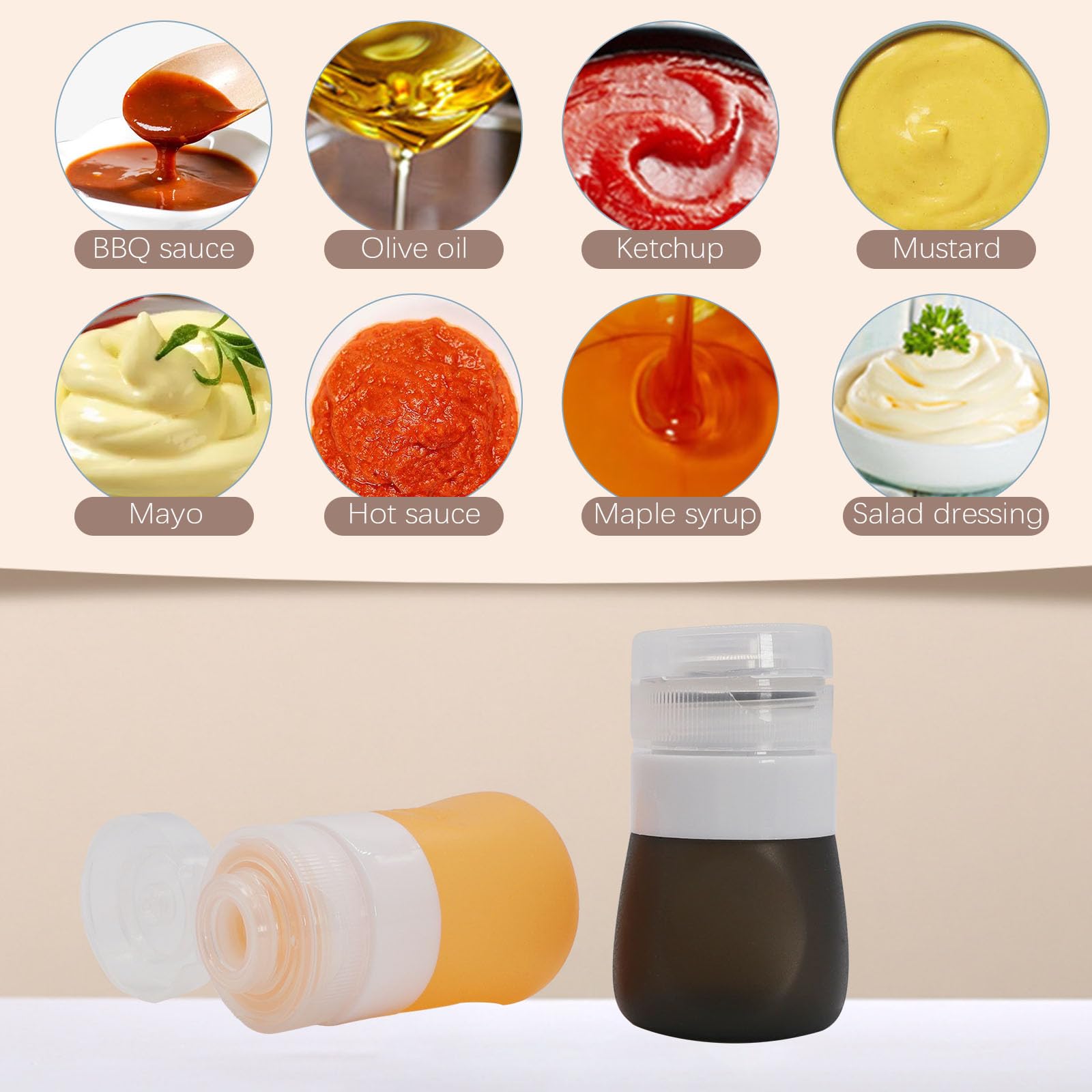 Ksooly 4-Pack 1.3Oz. Squeeze Salad Dressing Bottles with Cleaning Brush, Small Salad Dressing Container to Go, Portable Sauce Condiment Bottles, Food-grade Silicone, BPA Free