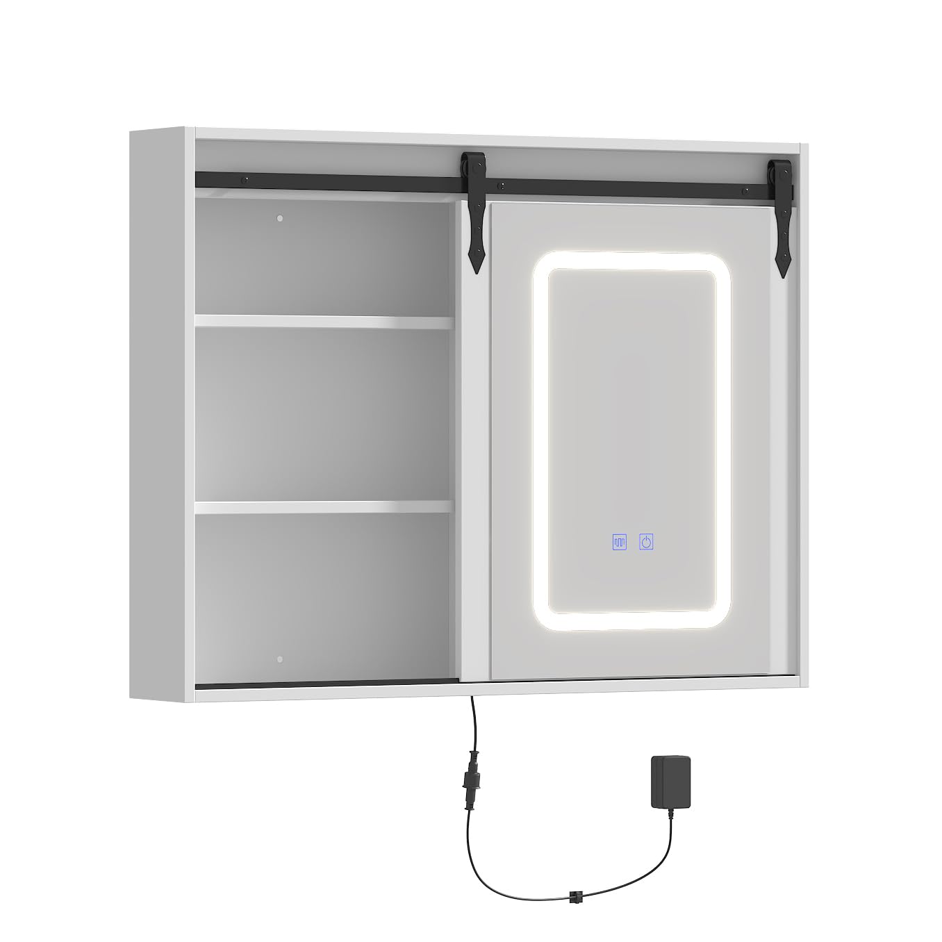 Lovinouse Medicine Cabinet for Bathroom with Mirror Sliding Door & LED Lights, Large Rectangle Wall Mounted Storage Cabinet w/Glass Doors, Shelves & Anti-Fog Function, 35.4 X 27.6 Inch, White