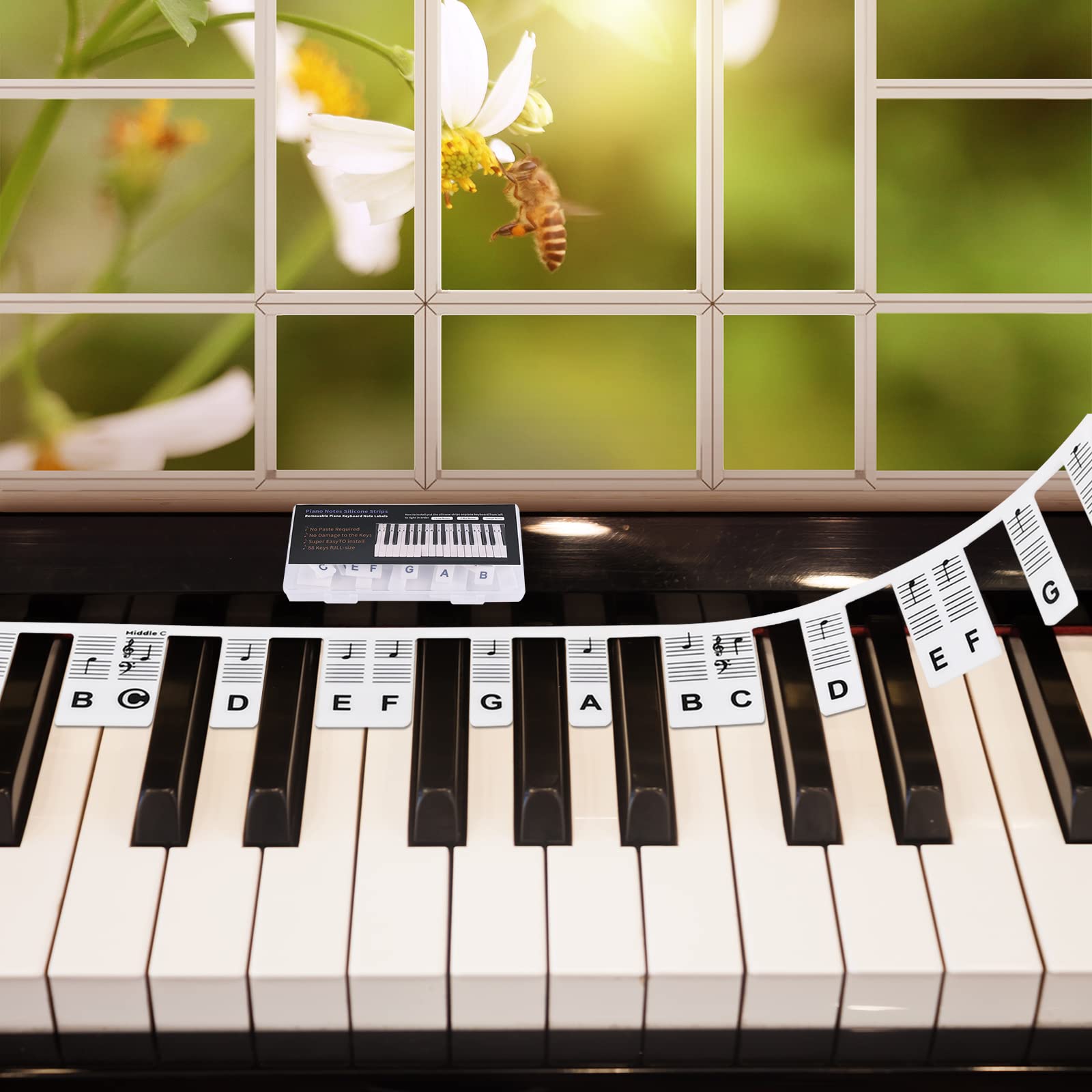 Hiyibo Piano Notes Guide for Beginner, Removable and Reusable Piano Keyboard Stickers Rakes Guide for Learning, Piano Keyboard Note Labels for 61/88 Key Full Size, Made of Silicone (Classic Black)