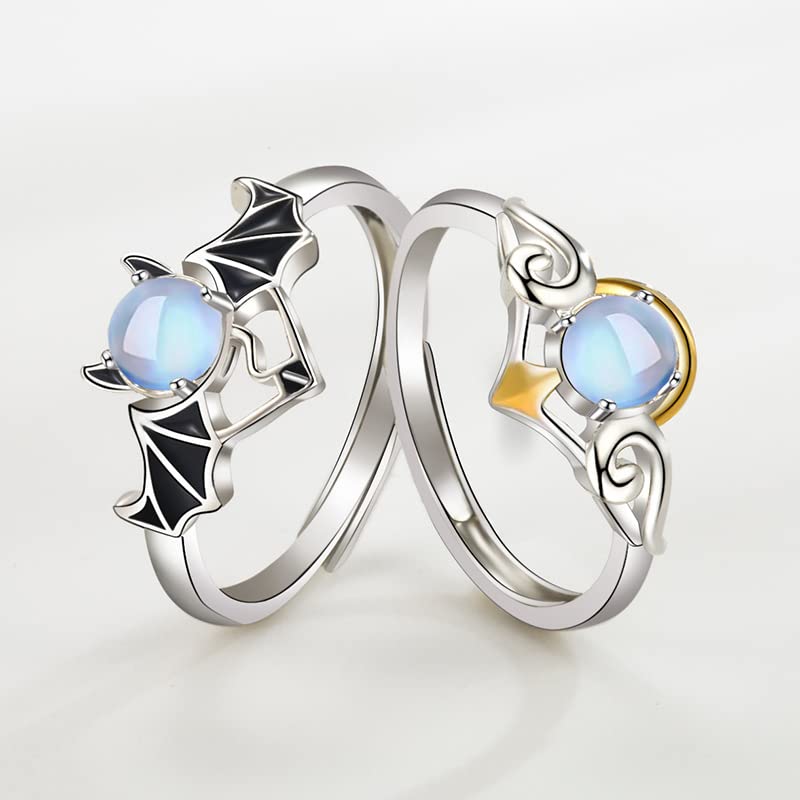 HEIMAXING Angel Devil Moonstone Couple Rings Matching Rings Open Adjustable Promise Rings Gift for Her Him (Silver)