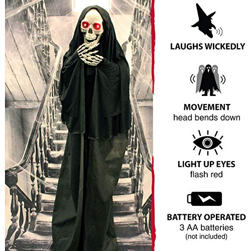 Haunted Hill Farm Life-Size Animatronic Reaper, Indoor/Outdoor Halloween Decoration, Light-up Red Eyes, Poseable, Battery-Operated