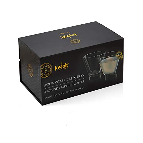 JoyJolt Aqua Vitae Martini Glass Set of 2. Crystal Glassware, Round Drinking Glasses with Off Set Base. Stemless Cocktail Glasses and Dessert Glasses. Unique Christmas Gifts