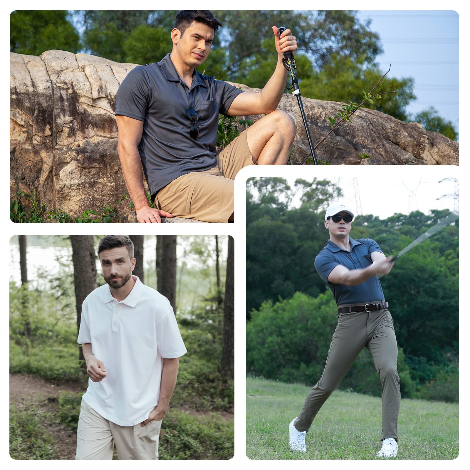 JHMORP Men's Golf Polo Shirts Collared Shirts Short Sleeve Quick Dry Outdoor Shirts with Pocket Khaki,L