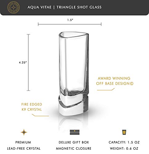 JoyJolt Aqua Vitae Shot Glass Set of 4. Crystal Shot Glasses, Triangle Clear Shot Glasses Set with Off Set Base. 1 – 2 oz Cups for Tequila, Limoncello, Vodka or Aperitif. Fun Christmas Gifts