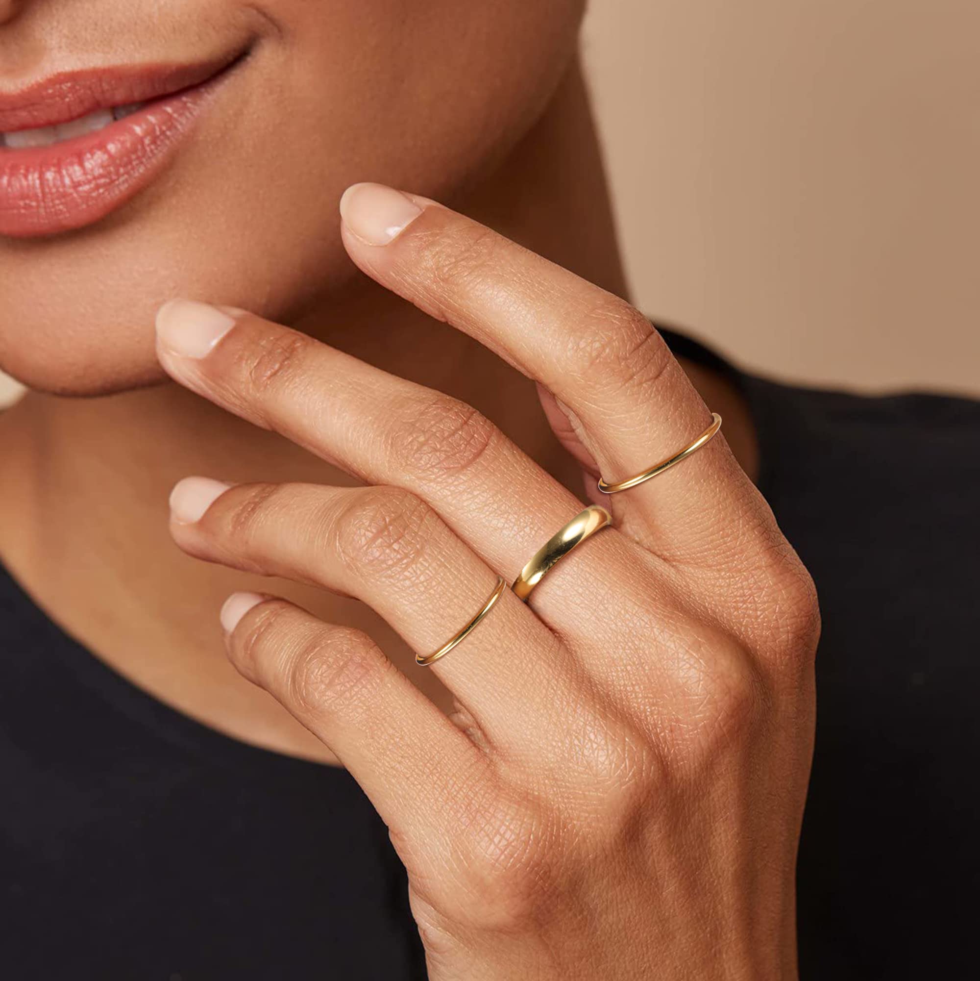 Helicopchain 4Pcs 14K Gold Filled Rings Stacking Rings for Women Thin Gold Ring Plain Thumb Statement Band Ring Sand Blast Finish Ring 1mm 3mm Comfort Fit Size 10