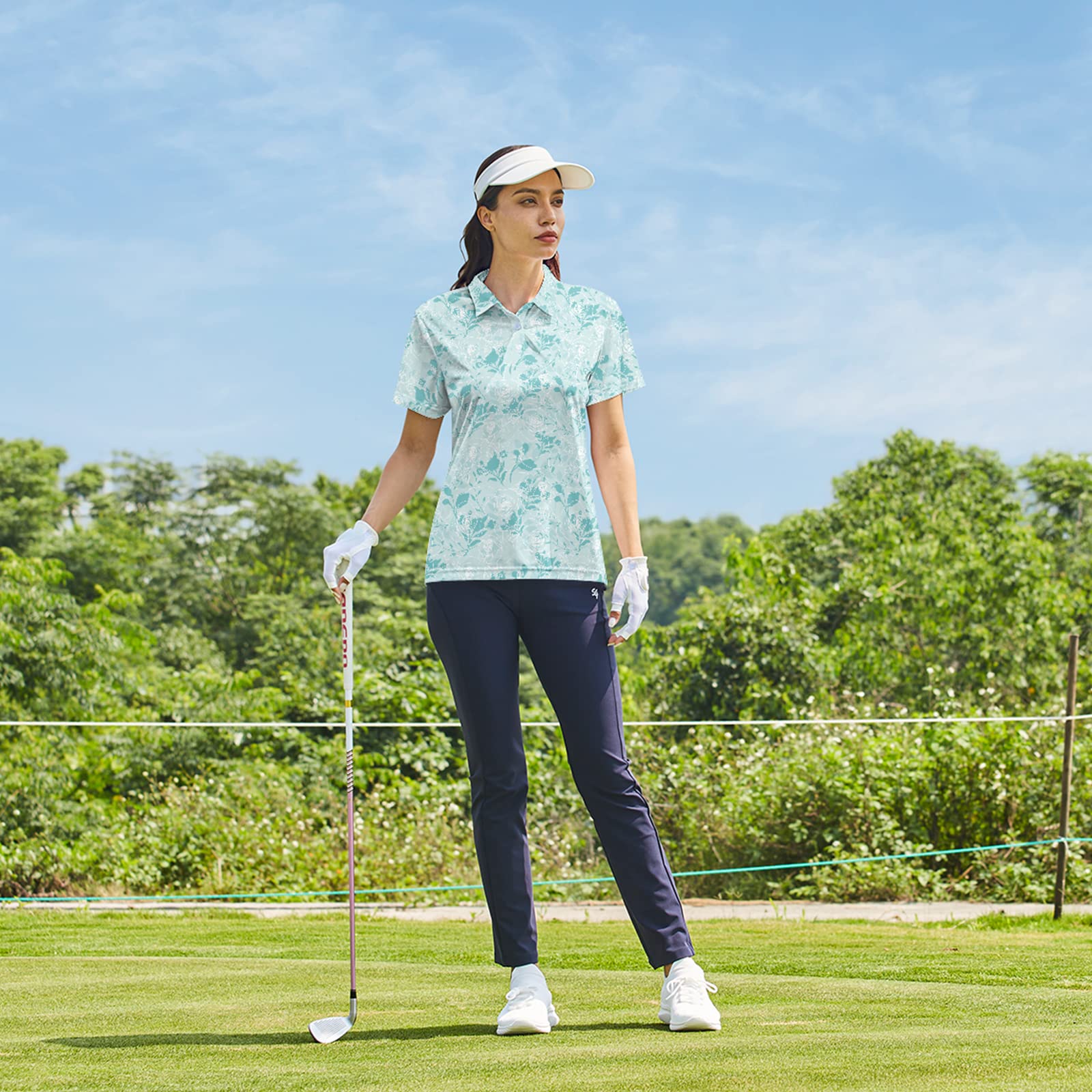Hispotim Women's Short Sleeve Polo Shirt Lightweight Printed Golf Shirts Quick Dry Workout Golf Polo Shirts (Blue Flowers,XL)