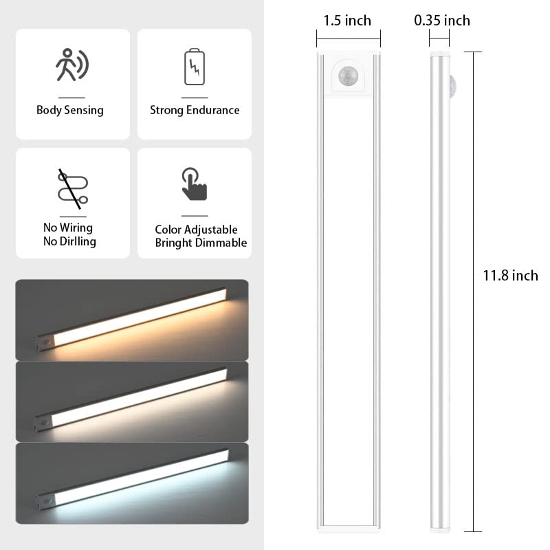 Holen Darrel Under Cabinet Lights Motion Sensor Light Wireless Battery Powered LED Counter Closet Lighting, USB Rechargeable Night Light for Kitchen Hallway Stairway Wardrobe Vanity 2 Pack 11.8 inch