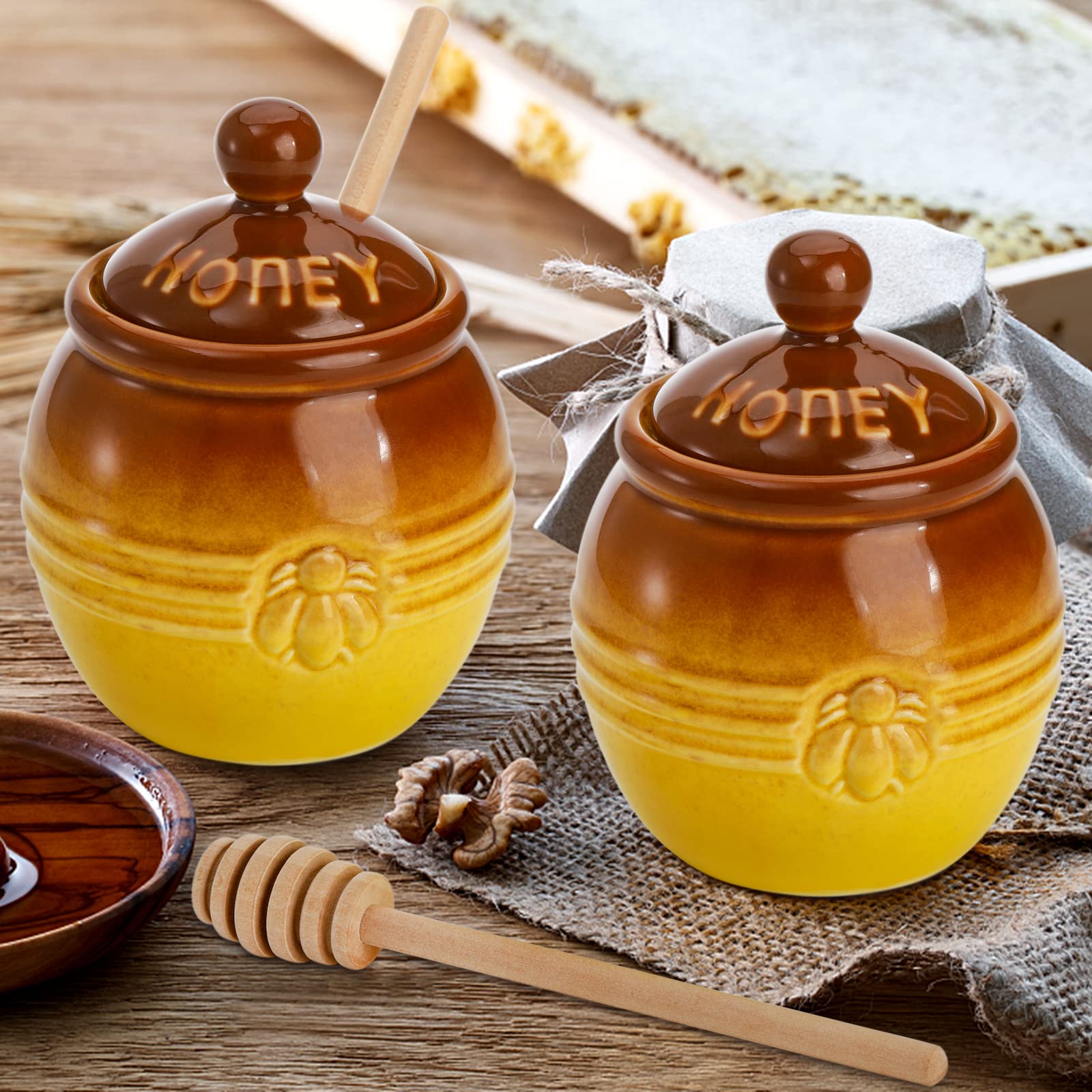 Hiceeden 2 Pack Ceramic Honey Pot with Dipper and Lid, 12 Oz Yellow Honey Jar Bee Embossed Honey Storage Container for Kitchen, Decoration, Coffee/Tea Bar