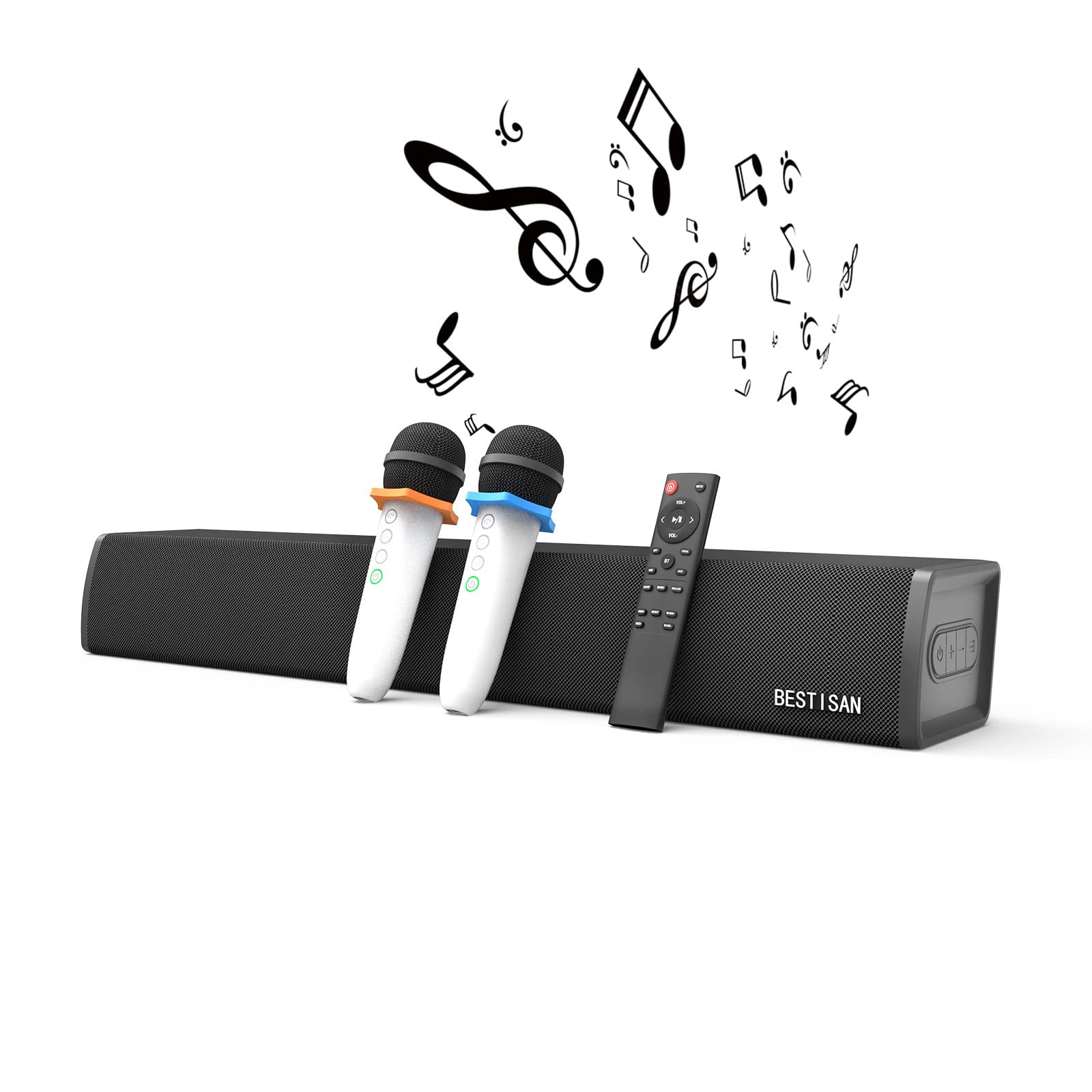 Karaoke Bestisan Soundbar for TV with 2 Wireless Microphones for Adults and Kids, Supports Bluetooth, Optical, Aux, Coax for Party, Remote Control