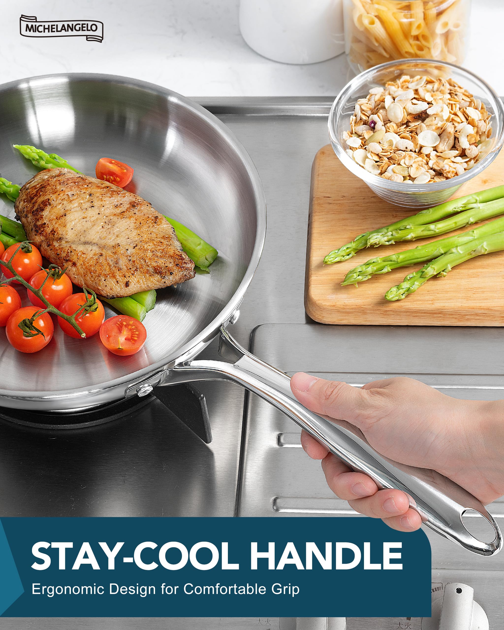 MICHELANGELO Stainless Steel Frying Pan Set, 8" / 9.5" / 11" Cooking Pans, Triply Base Stainless Steel Pan Set with Ergonomic Handle, Induction Compatible