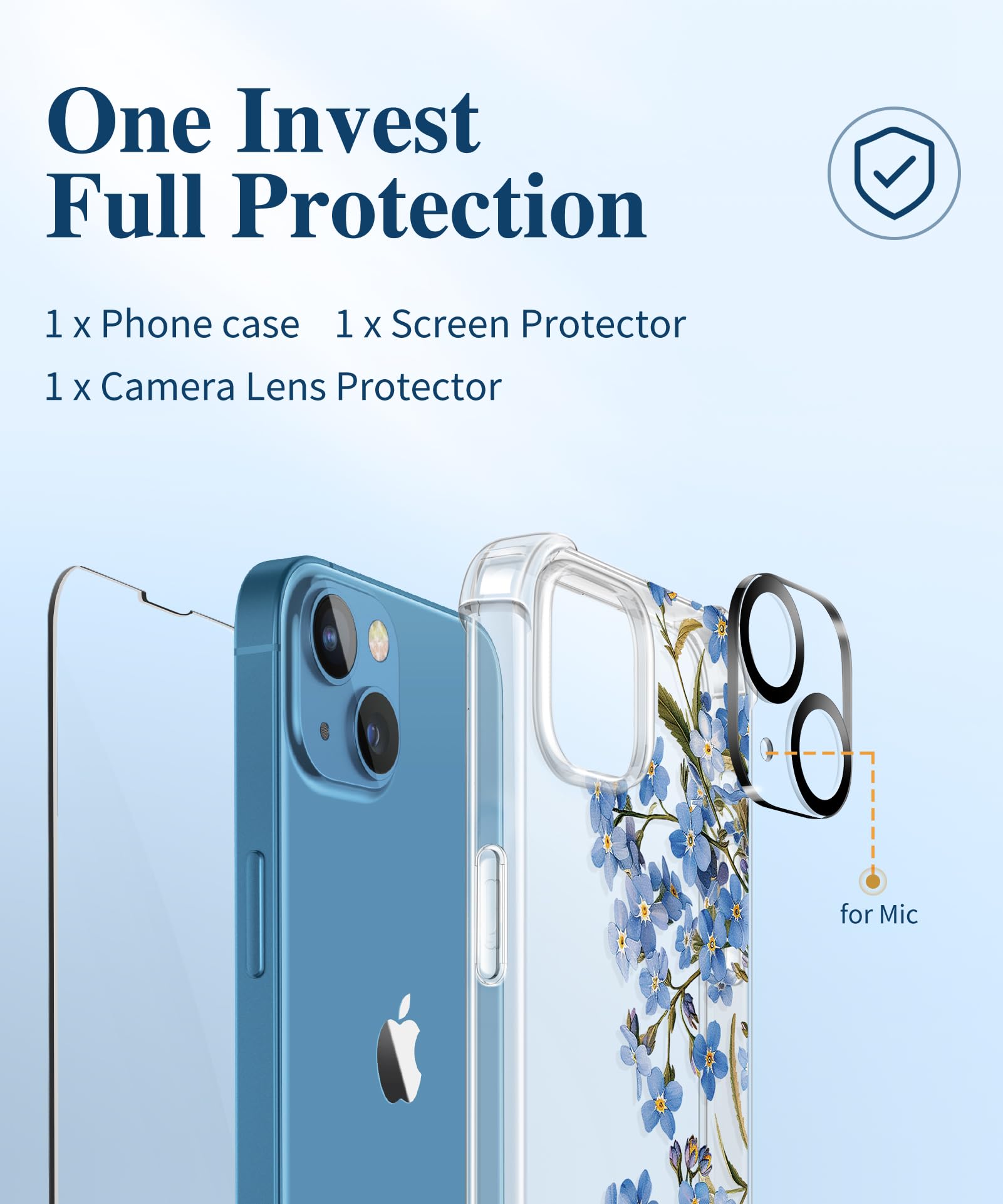 GVIEWIN Designed for iPhone 13 Case 6.1 Inch, with Tempered Glass Screen Protector + Camera Lens Protector Clear Flower Soft & Flexible Shockproof Floral Women Phone Cover (Heart/Pink)